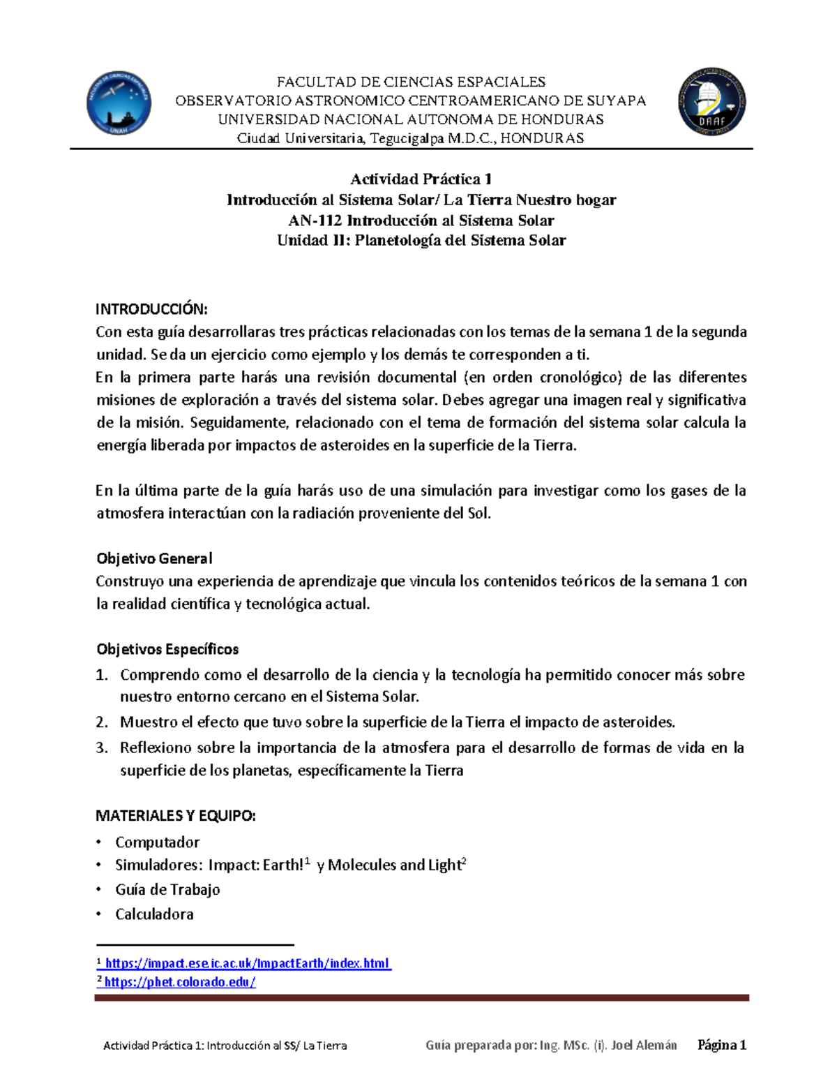 Guía Actividad Práctica 1 Segunda Unidad - FACULTAD DE CIENCIAS ESPACIALES OBSERVATORIO ...