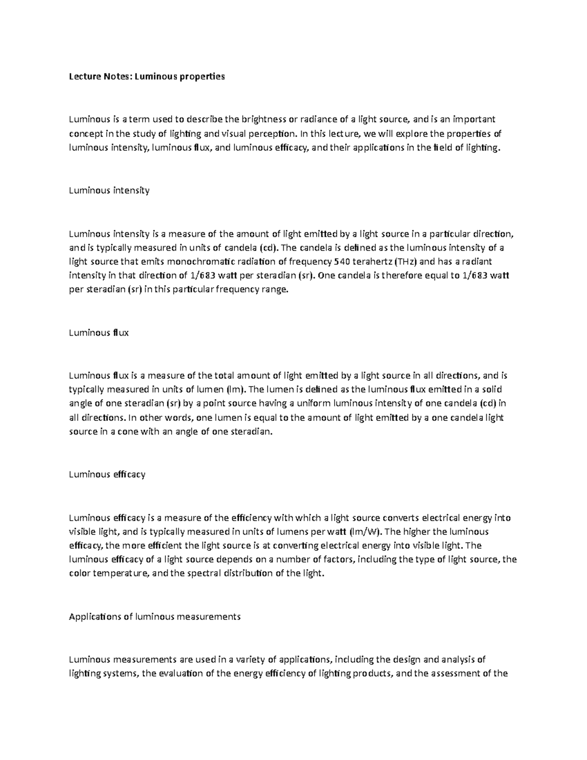 Lecture Notes: Luminous properties - Lecture Notes: Luminous properties ...