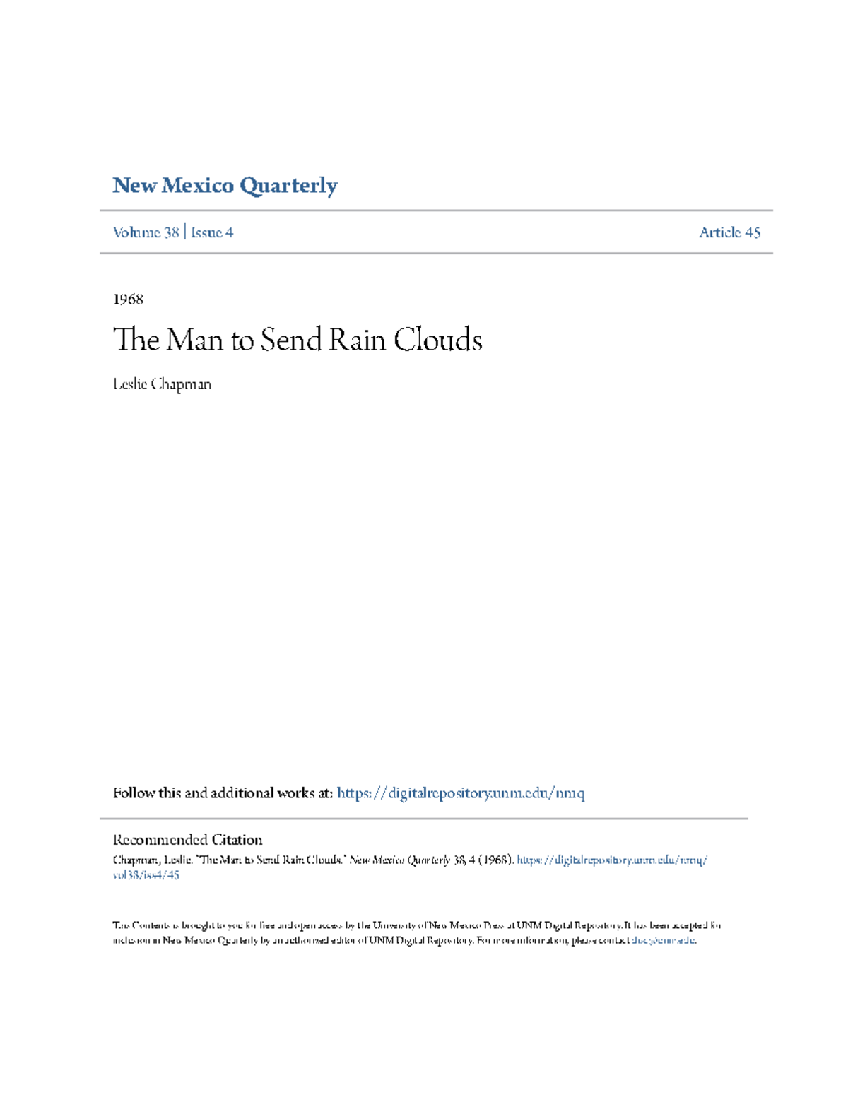 The Man to Send Rain Clouds - New Mexico Quarterly Volume 38|Issue 4 ...