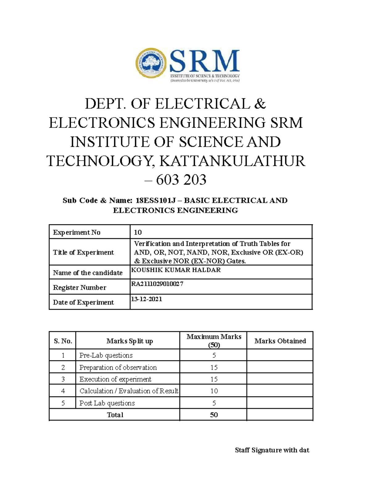 BEEE Exp 10 - Verification and Interpretation of Truth Tables for AND, OR, NOT, NAND, NOR ...
