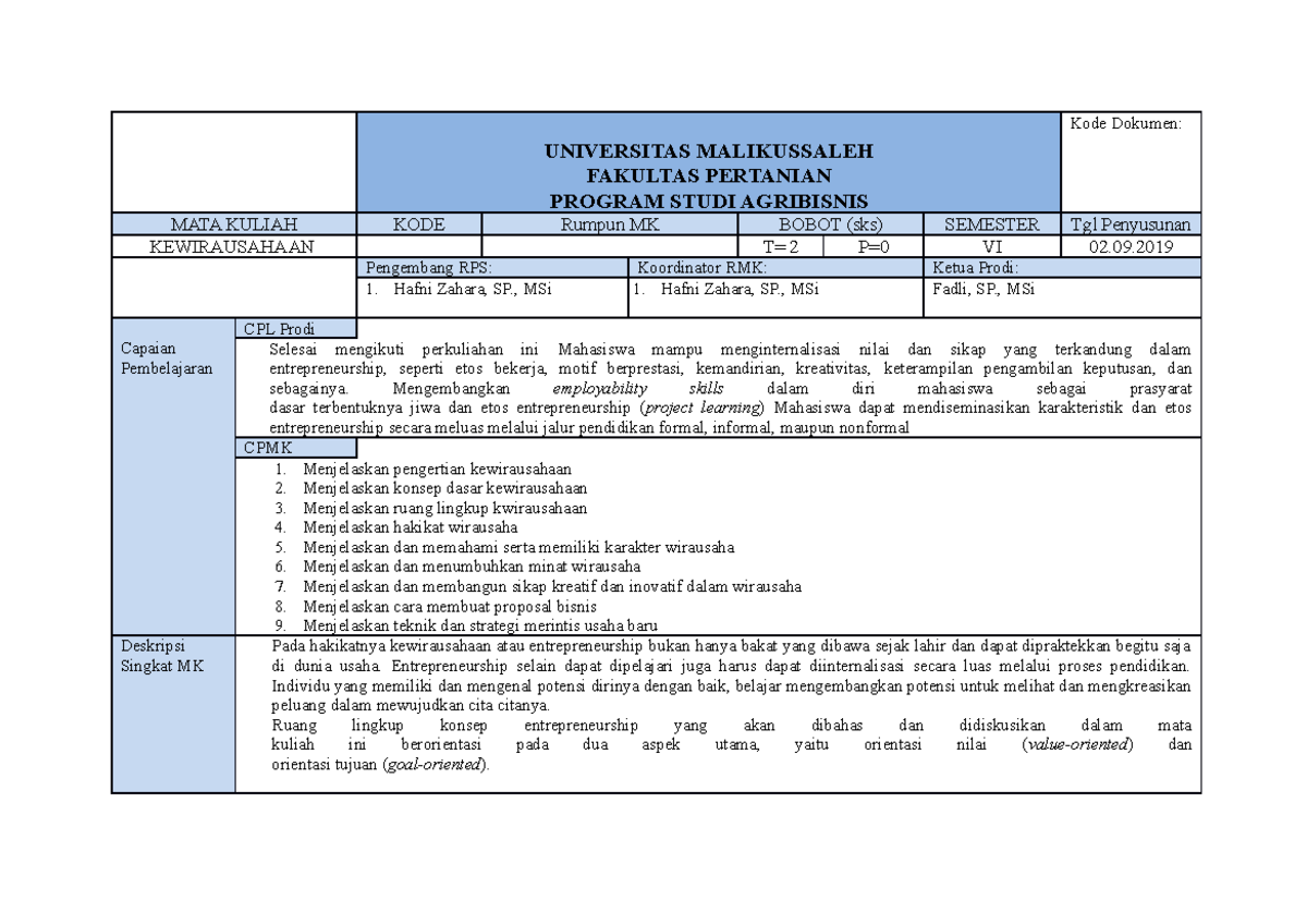 RPS Kewirausahaan - UNIVERSITAS MALIKUSSALEH FAKULTAS PERTANIAN PROGRAM ...