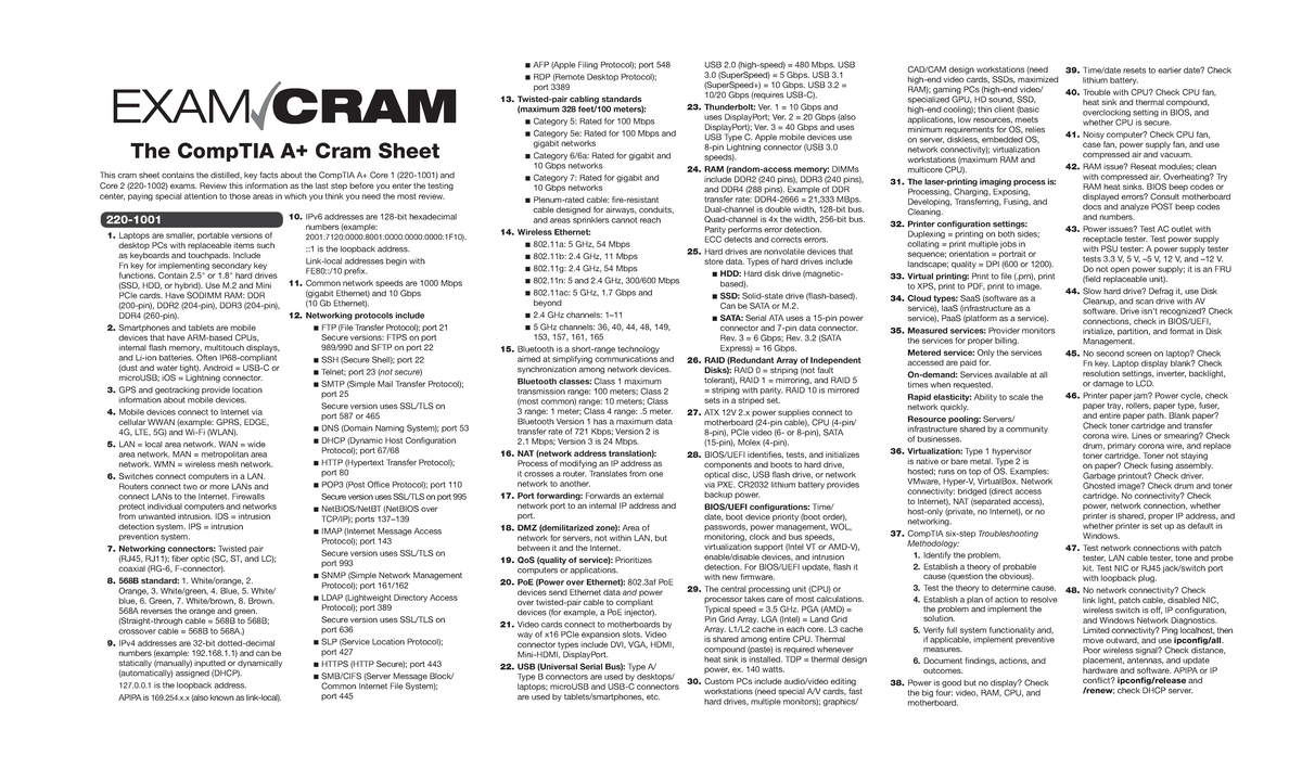 C393 and C394 Exam Cram Cram Sheets (1) - The CompTIA A+ Cram Sheet ...