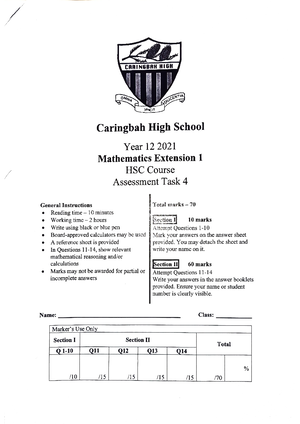 HSC Mathematics Extension 1 Year 12 Question and Answer Booklet 2022 ...