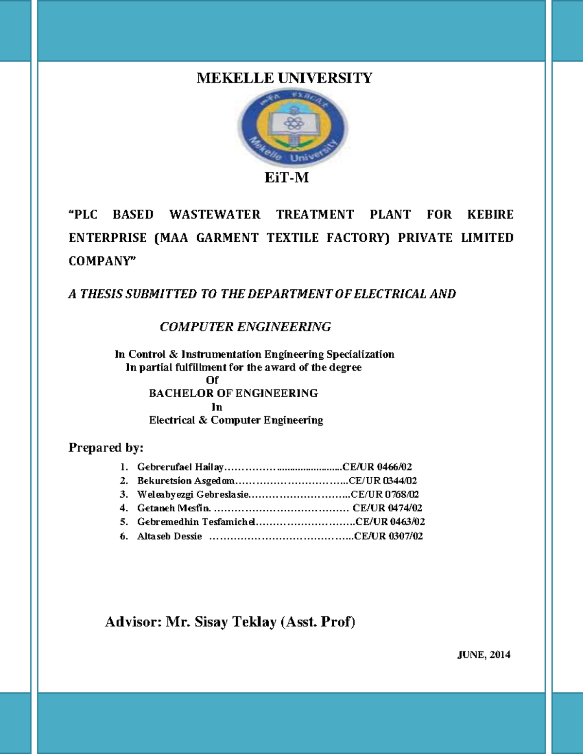 A Wastewater treatment - i MEKELLE UNIVERSITY EiT-M “PLC BASED ...