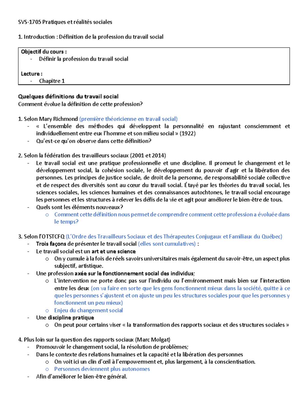 Examen 1 Notes de cours - SVS-1705 Pratiques et réalités sociales ...