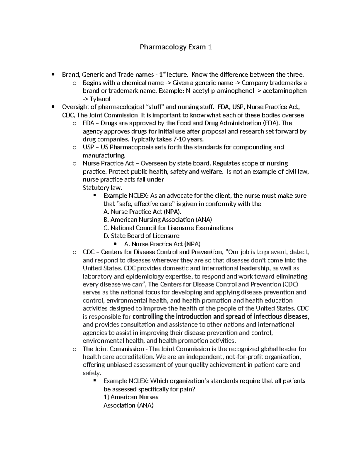 Pharmacology Study Guide EXAM 1 - Pharmacology Exam 1 Brand, Generic ...