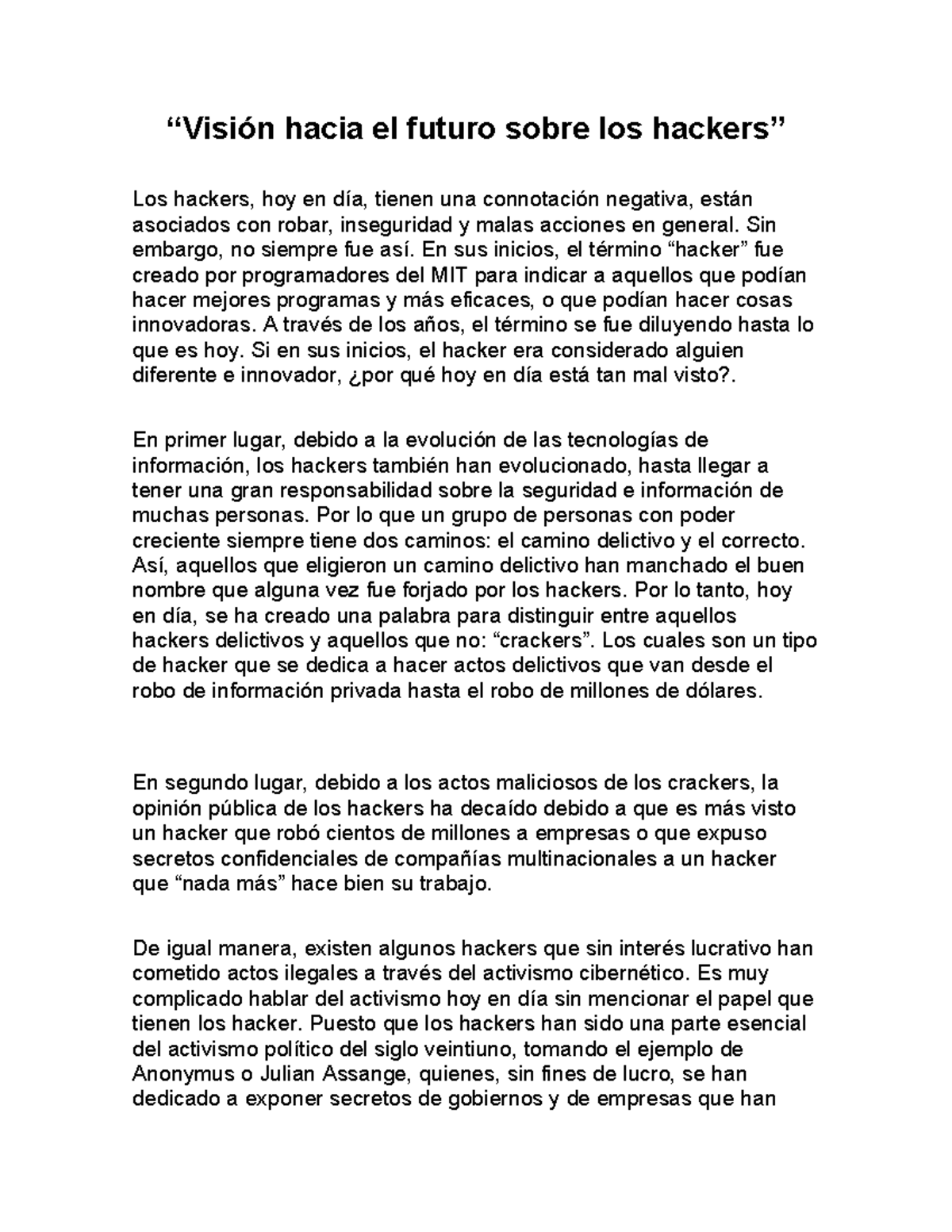 Visión hacia el futuro sobre los hackers - “Visión hacia el futuro ...