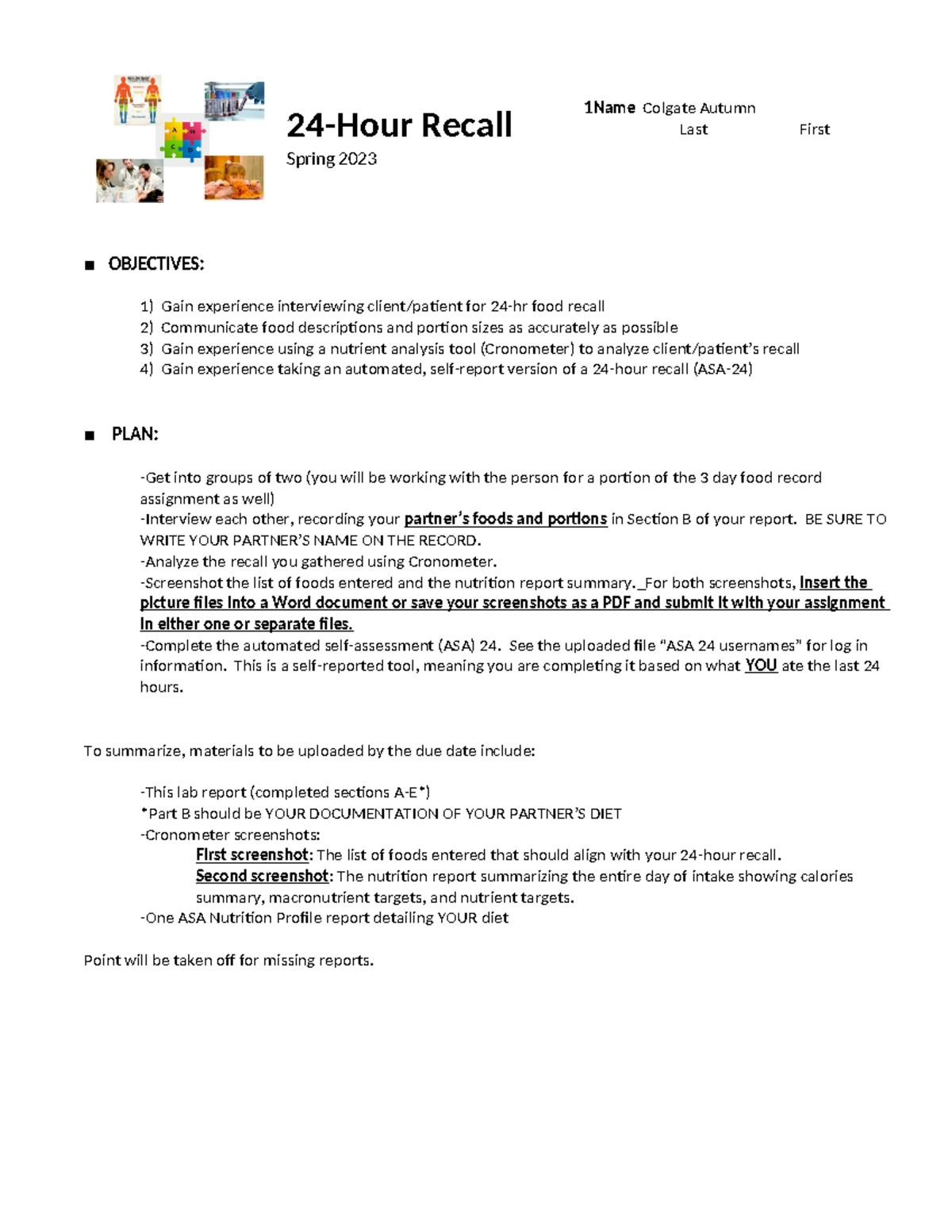 24hr Recall Nutrition Assessment - 24-Hour Recall Spring 2023 1 Name Colgate Autumn Last First ...