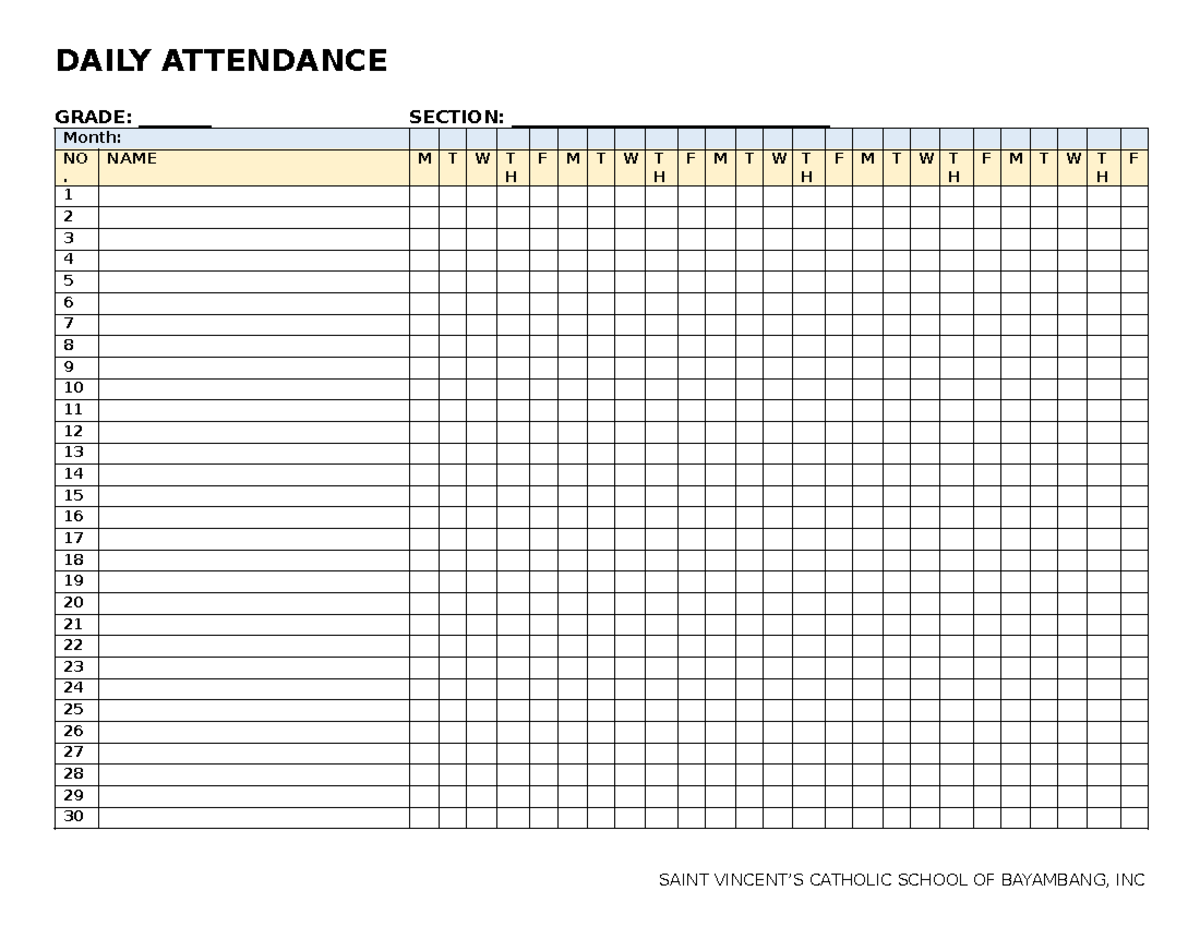 Daily Attendance - BSED English - DAILY ATTENDANCE GRADE: ________ SECTION: - Studocu