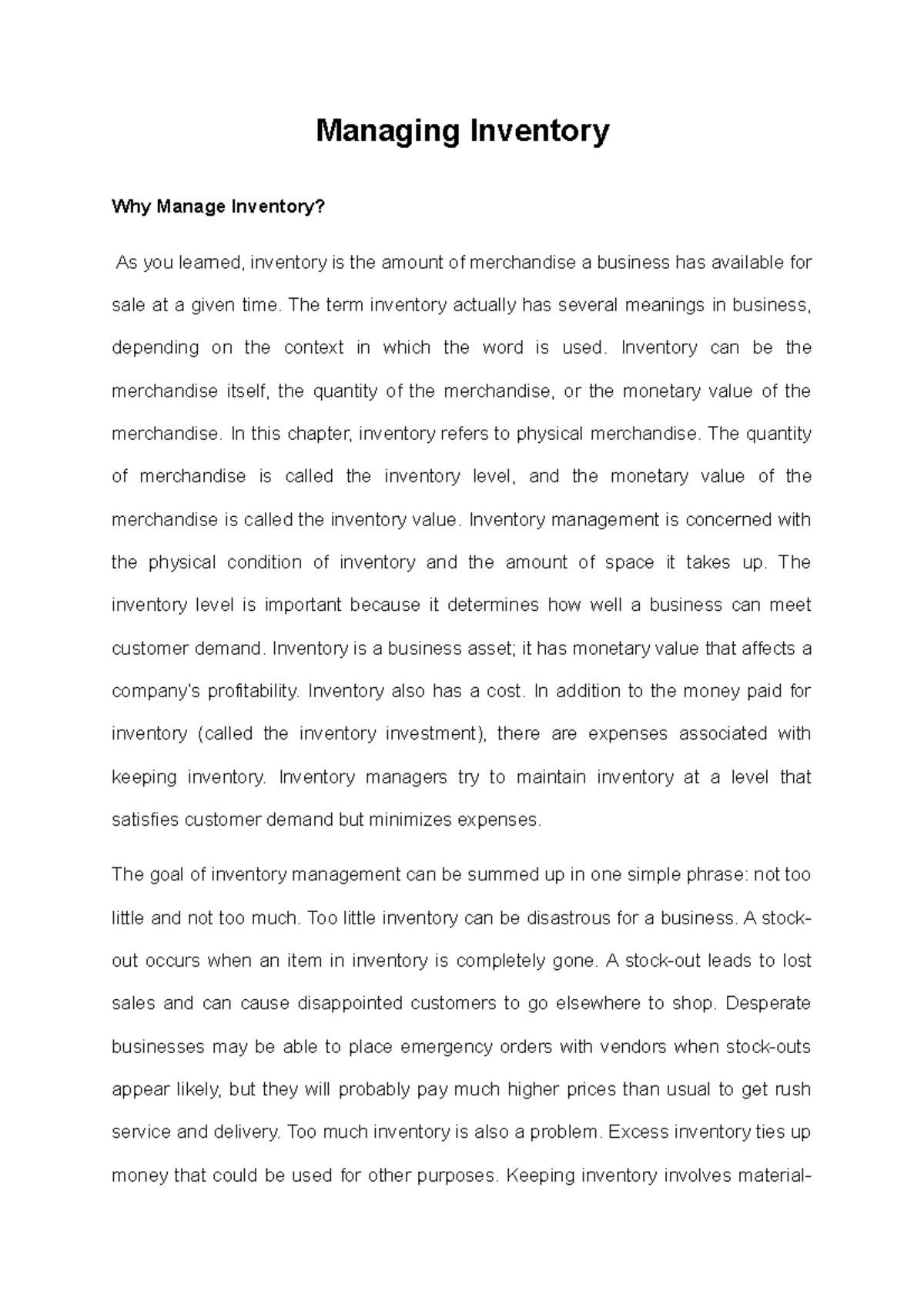 Managing Inventory - notes that have an examples, definitions ...