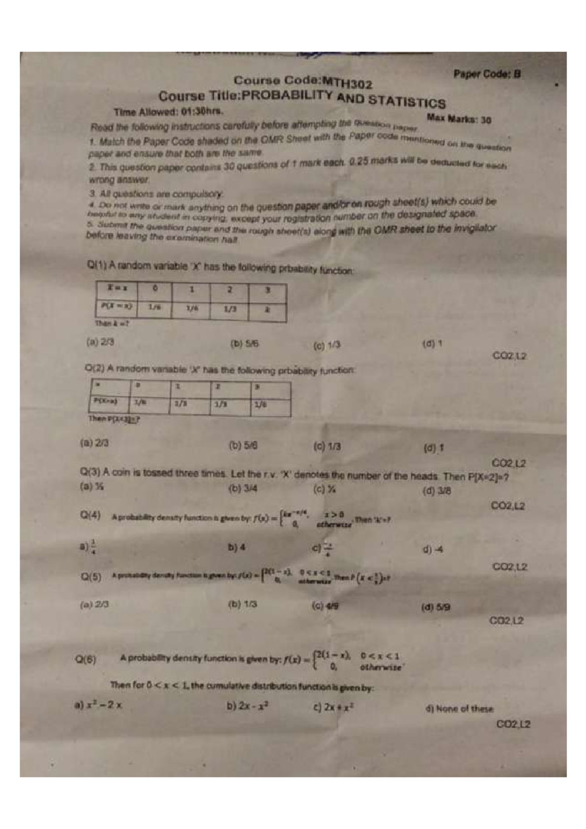 MTE1 - Mid sem paper for mth302 - Paper Code: B Course Code: MTH302 Course Title:PROBABILITY AND ...