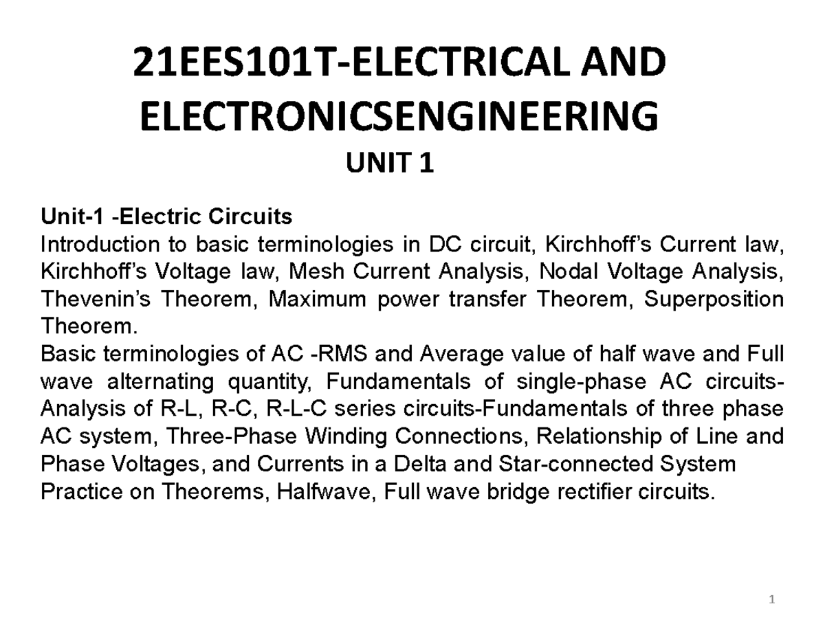 Unit 1 EEE ppt by srmist - 21EES101T-ELECTRICAL AND ...