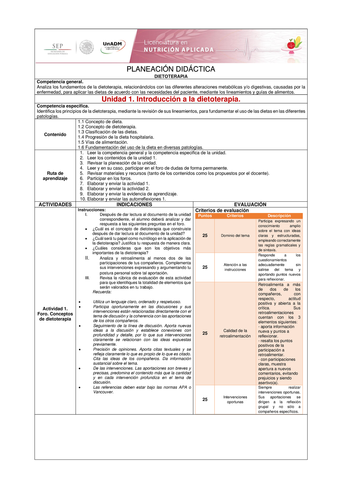 Planeación didáctica U1 DIE - Warning: TT: undefined function: 32 PLANEACIÓN DIDÁCTICA ...