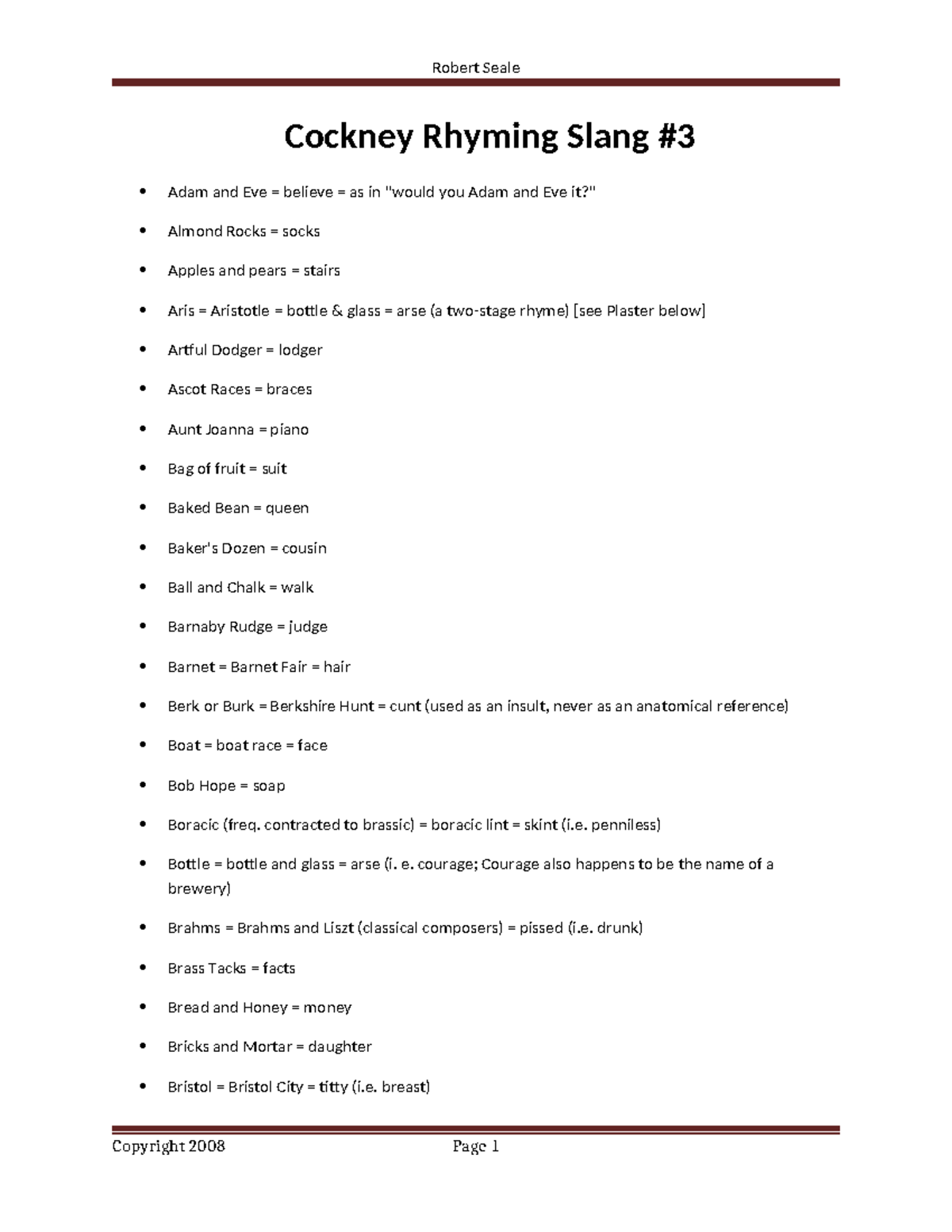 Cockney Slang 3 - marketing - Cockney Rhyming Slang Adam and Eve ...