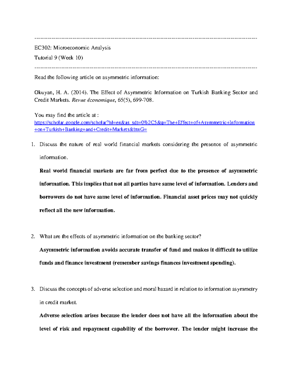 Tutorial 9 - Question and Solution - Microeconomic Analysis - USP - Studocu