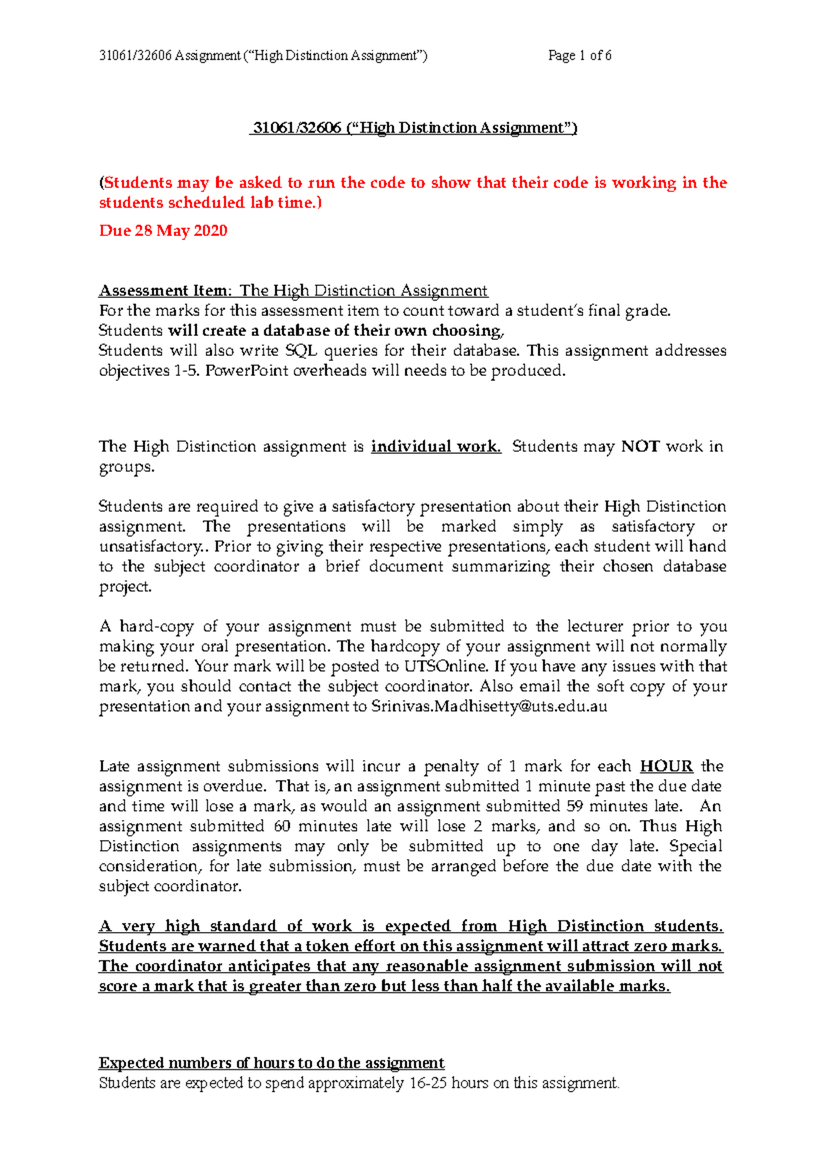 High Distinction 2020 Assignment - 31061/32606 (“High Distinction ...