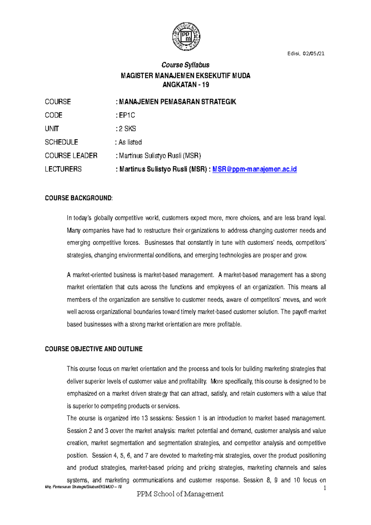Final Silabus Marketing Strategy EM 19 - Edisi, Course Syllabus ...