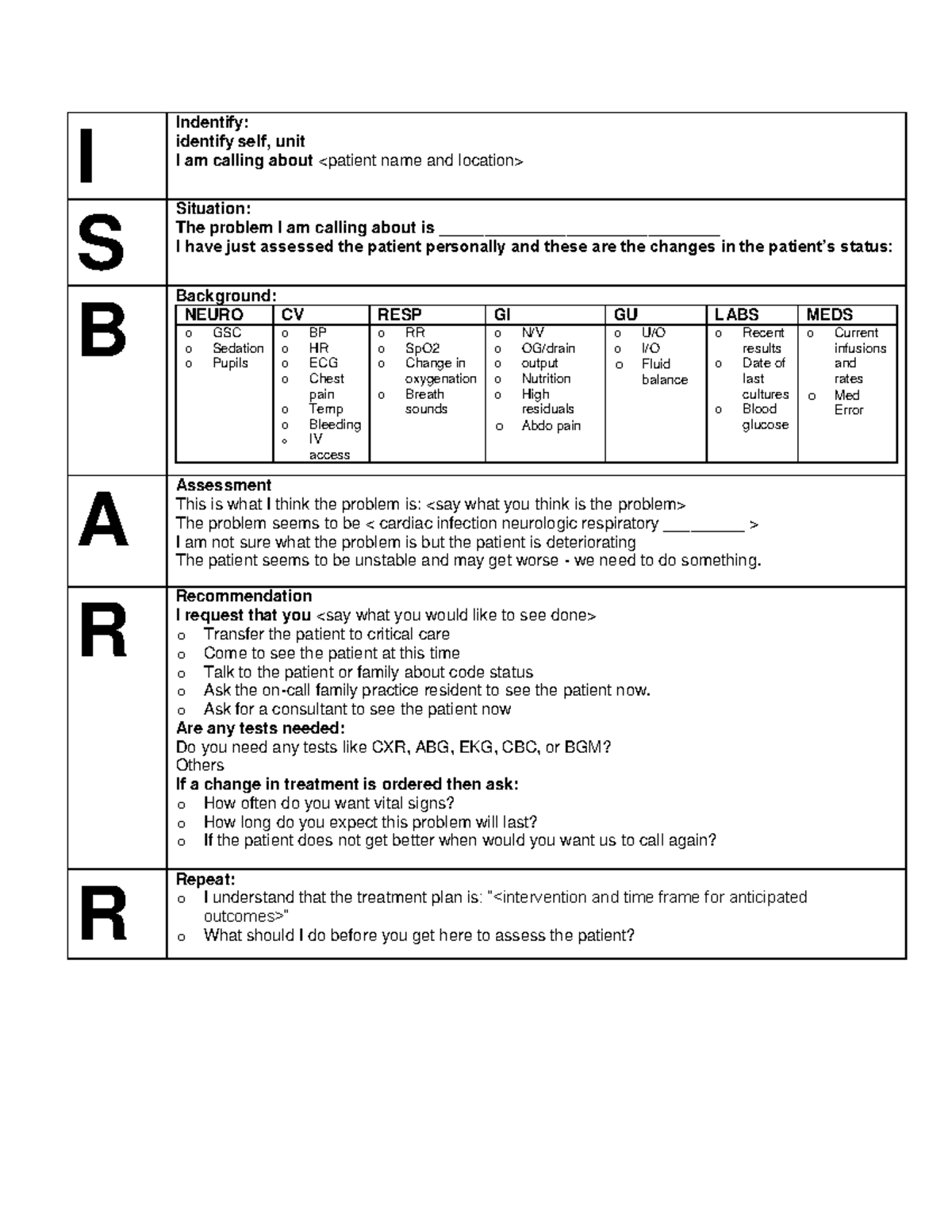 Isbarr - SBAR - I Indentify: identify self, unit I am calling about