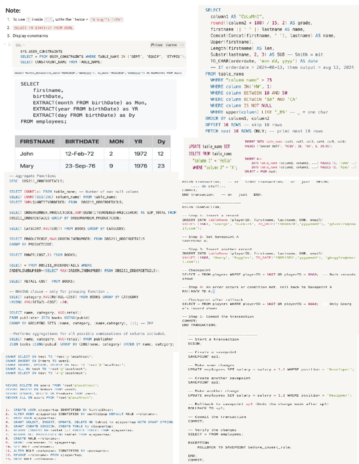 DBS Cheatsheet-2 - CHEAT SHEET - Note: SELECT column1 AS 1. To use inside write the twice round ...