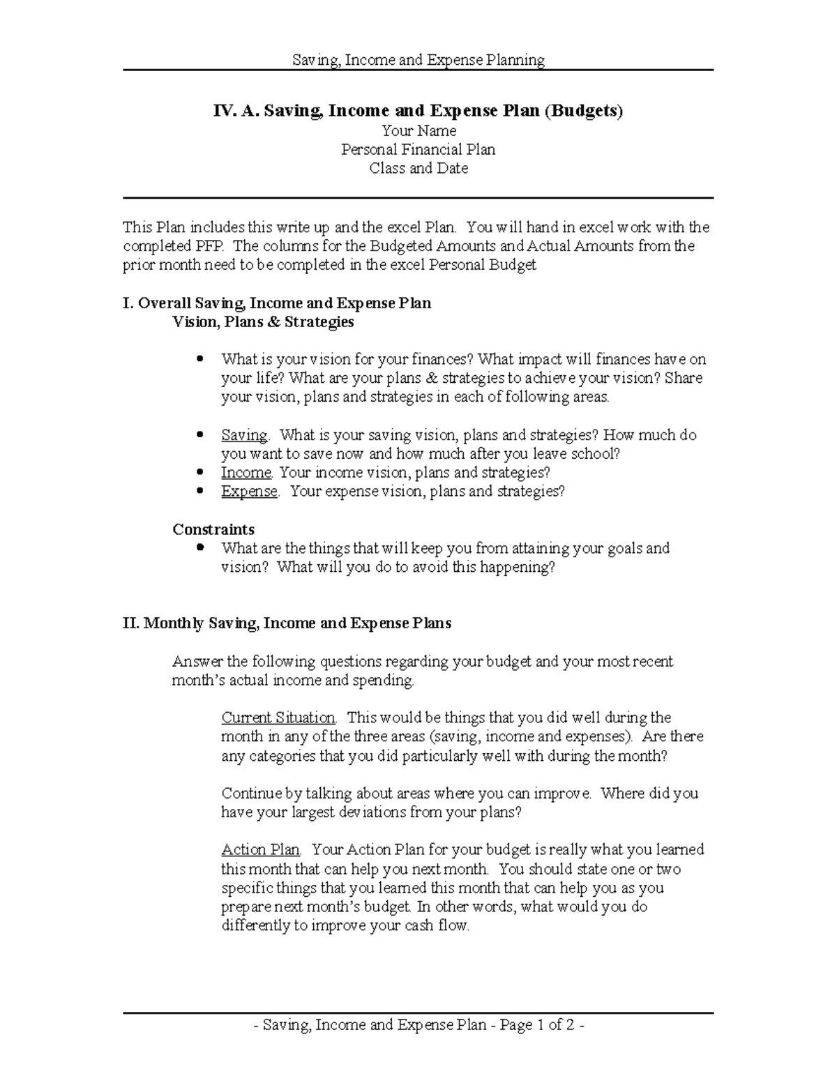 Assignment 4 - Saving, Income and Expense Planning IV. A. Saving ...