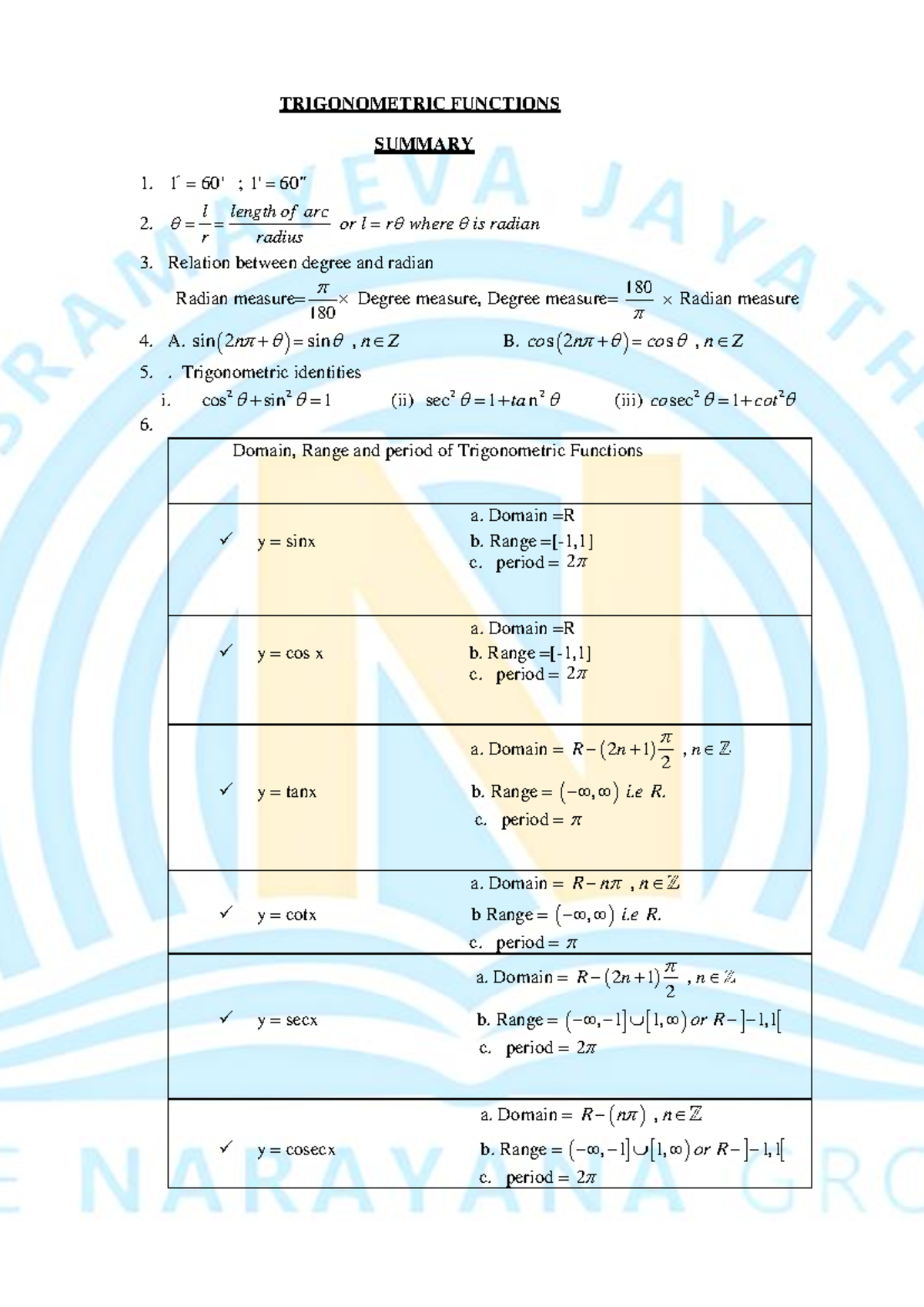 3. Trigonometric Functions - TRIGONOMETRIC FUNCTIONS SUMMARY 1 = 60 ...