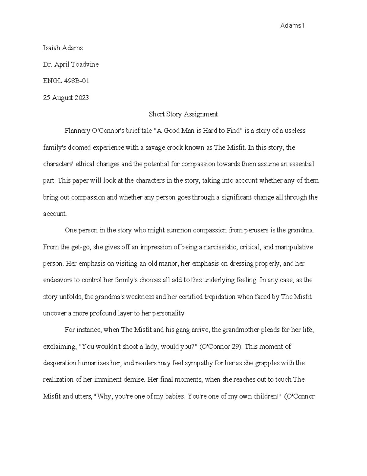Short Story - essay - Adams 1 Isaiah Adams Dr. April Toadvine ENGL 498B ...