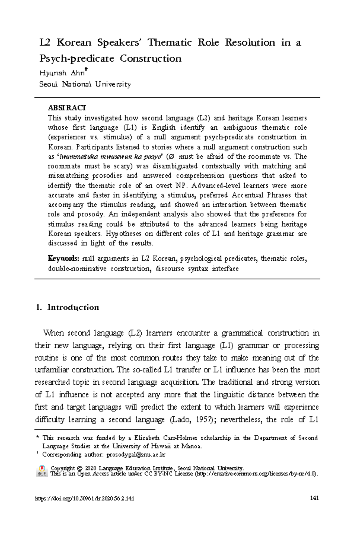 L2 Korean Thematic ROLE Resolution - doi/10.30961/lr.2020.56.2.141 141 ...