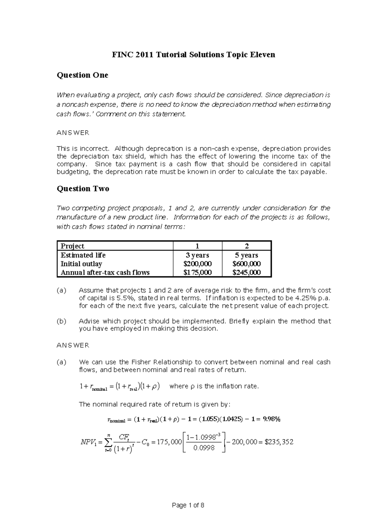 + Topic 11 FINC 2011 Tutorial Solutions - FINC 2011 Tutorial Solutions ...