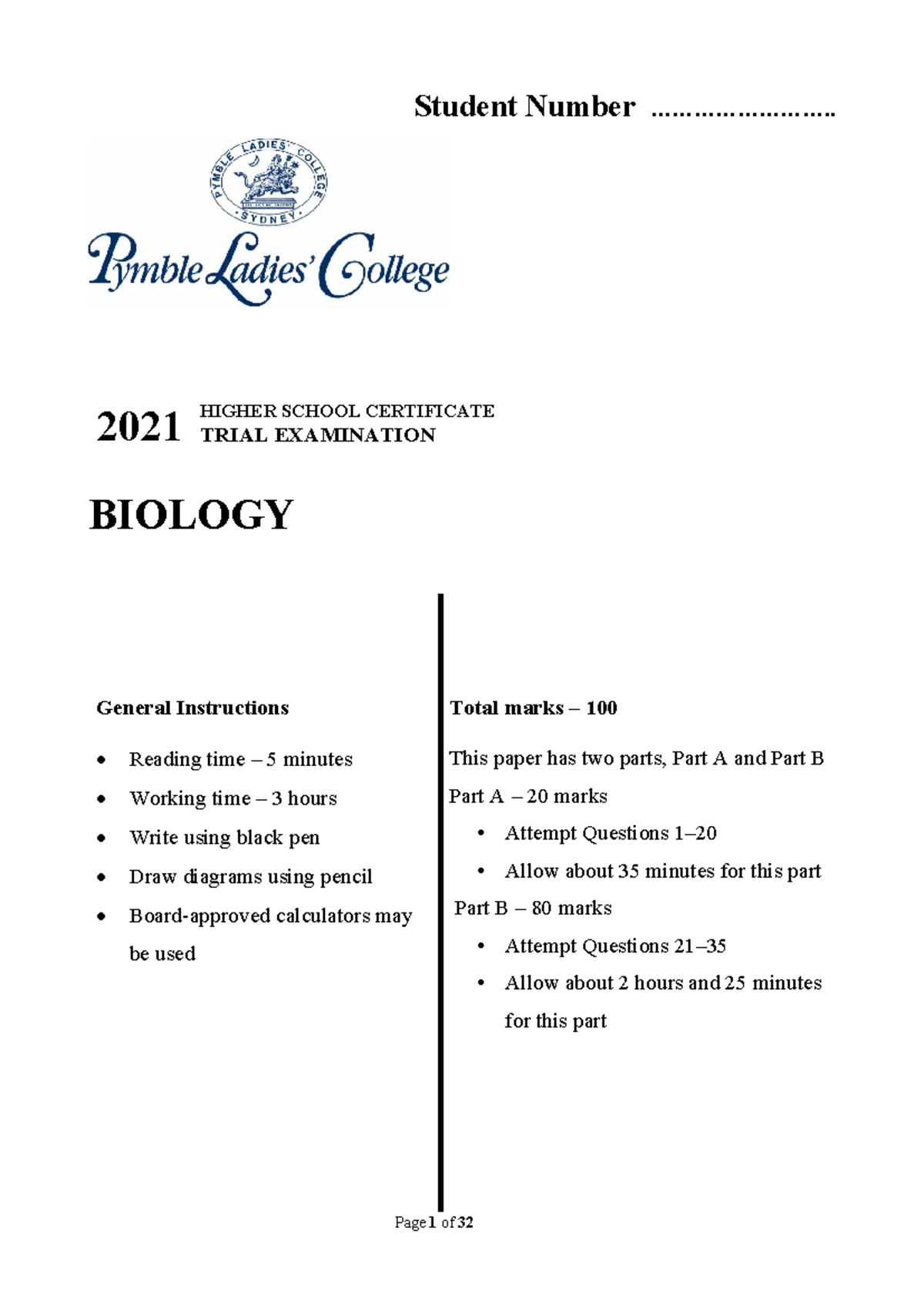 Pymble 2021 Biology Trials & Solutions - Student Number ...