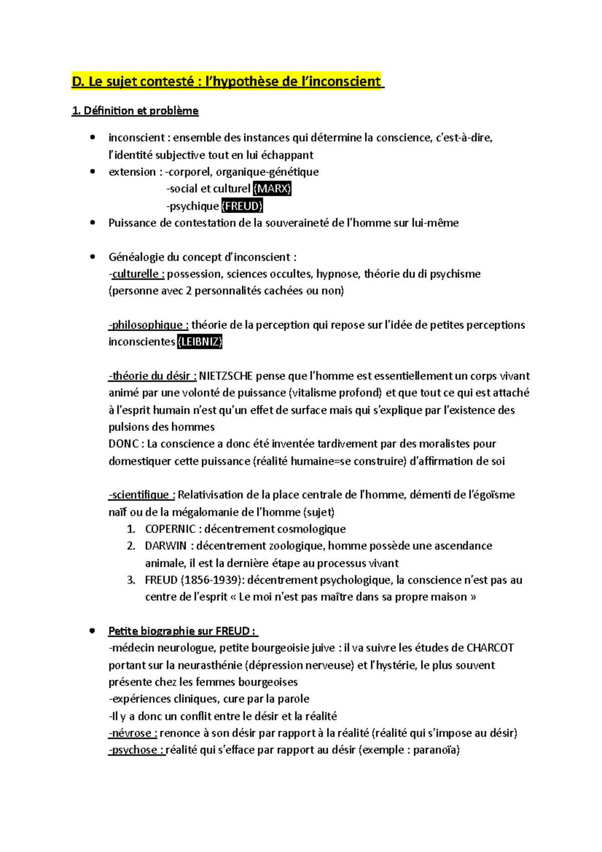 Philo - D. Le sujet contesté : l’hypothèse de l’inconscient Définition ...