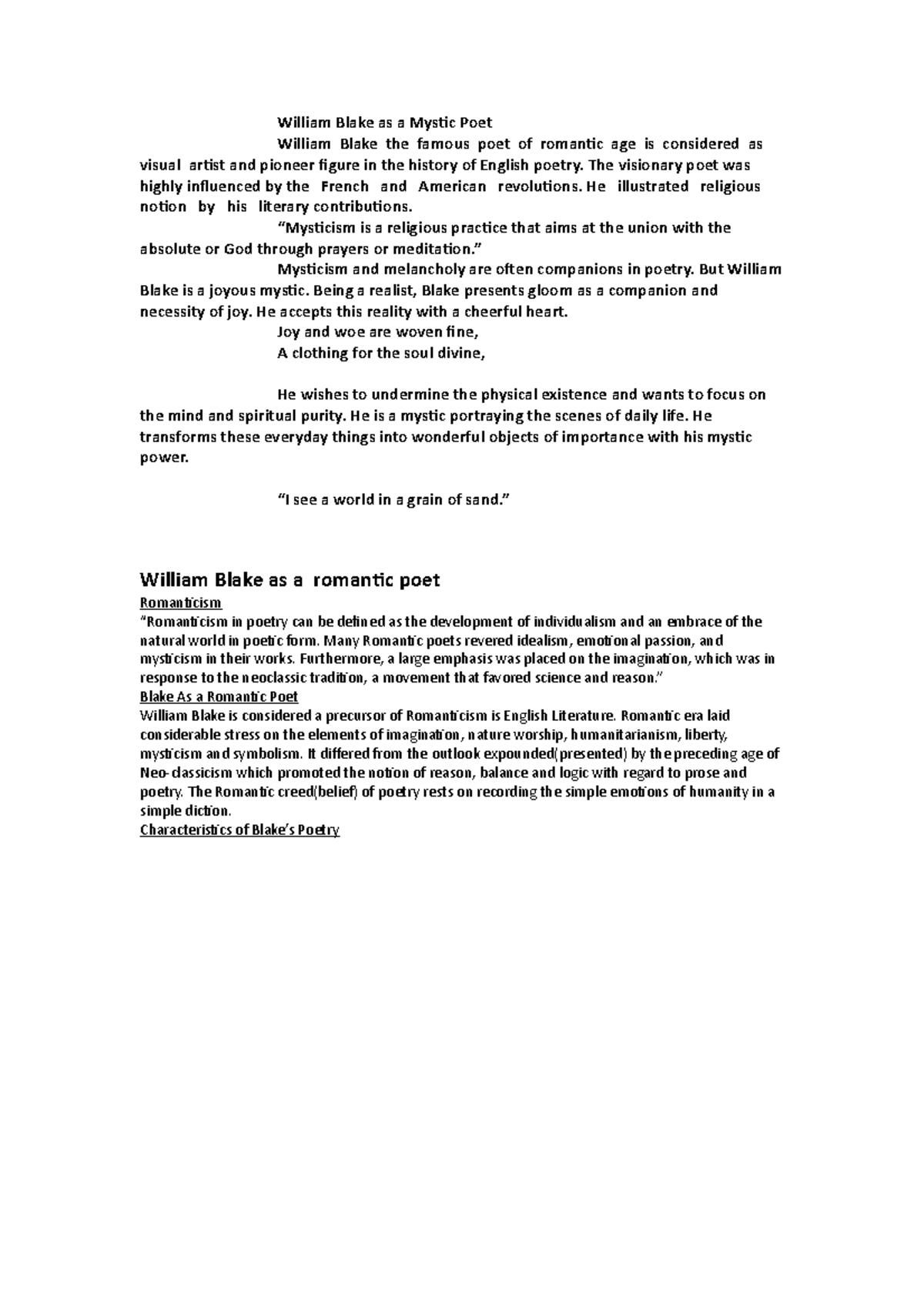 William Blake as a Mystic Poet - William Blake as a Mystic Poet William ...
