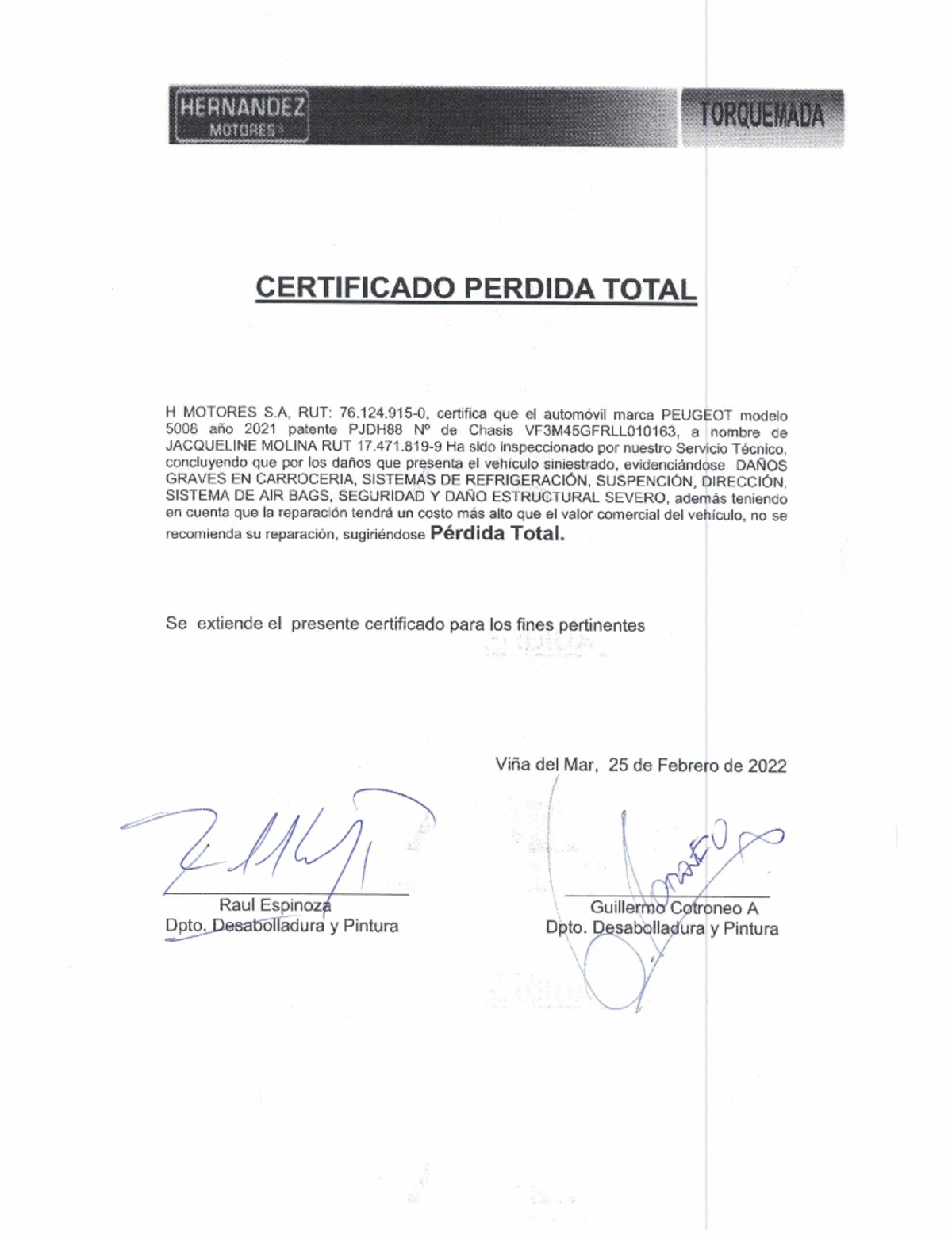 Certificado DE Perdida Total - HERNANDEZ TORQUEMADA MOTORES CERTIFICADO PERDIDA TOTAL H MOTORES ...