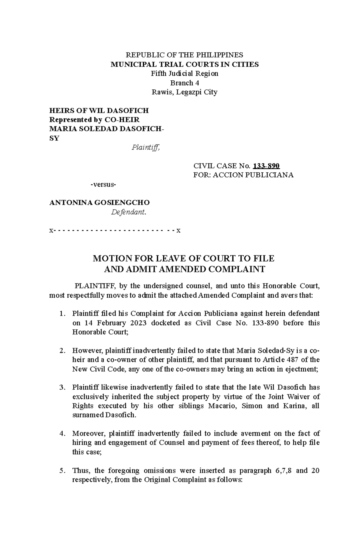 Motion for leave of court to file amended complaint 2 - REPUBLIC OF THE ...