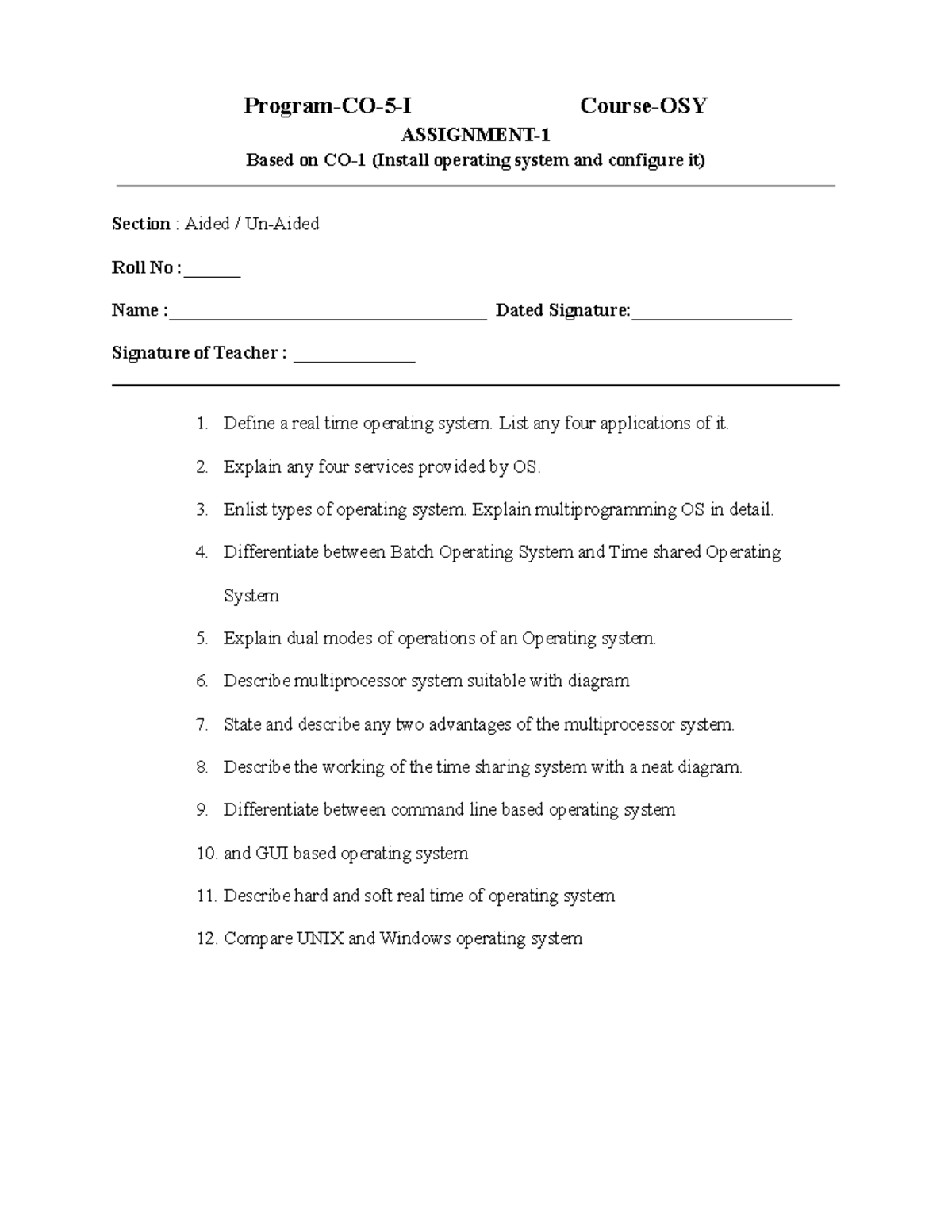 1. OSY-Assignment-1 - Program-CO-5-I Course-OSY ASSIGNMENT- Based on CO-1 (Install operating ...