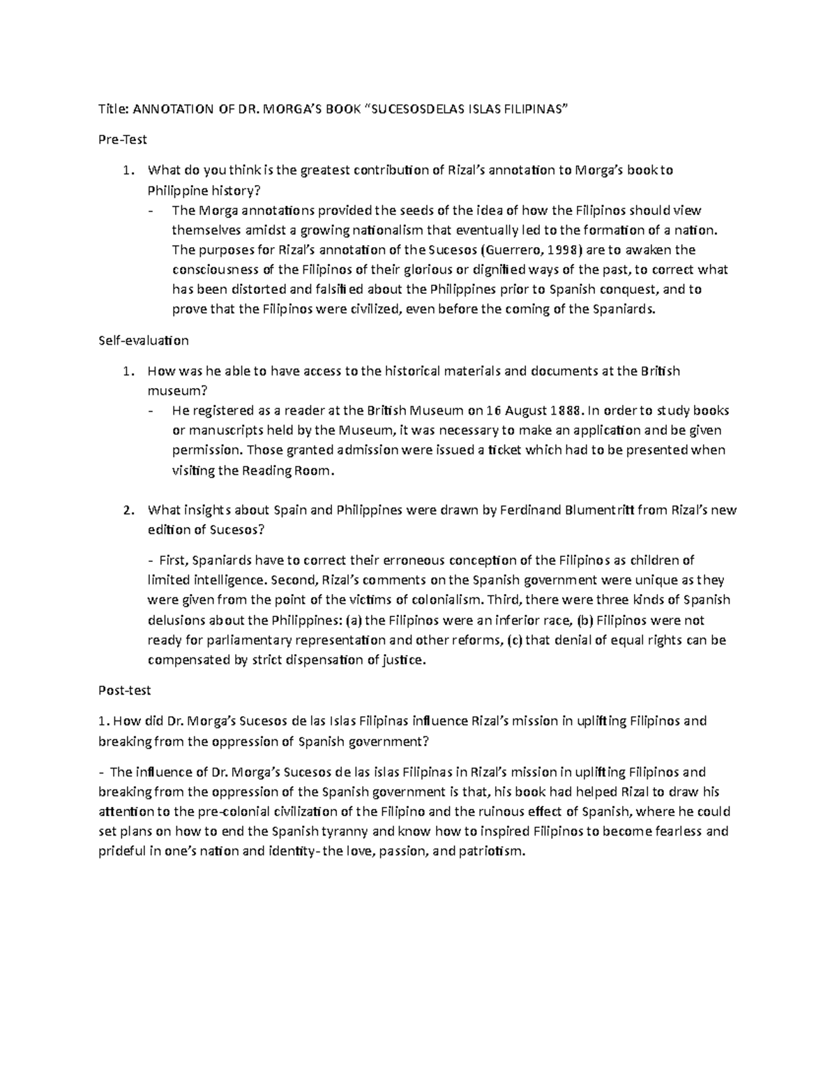 Module 7 - Rizals Life - Title: ANNOTATION OF DR. MORGA’S BOOK ...