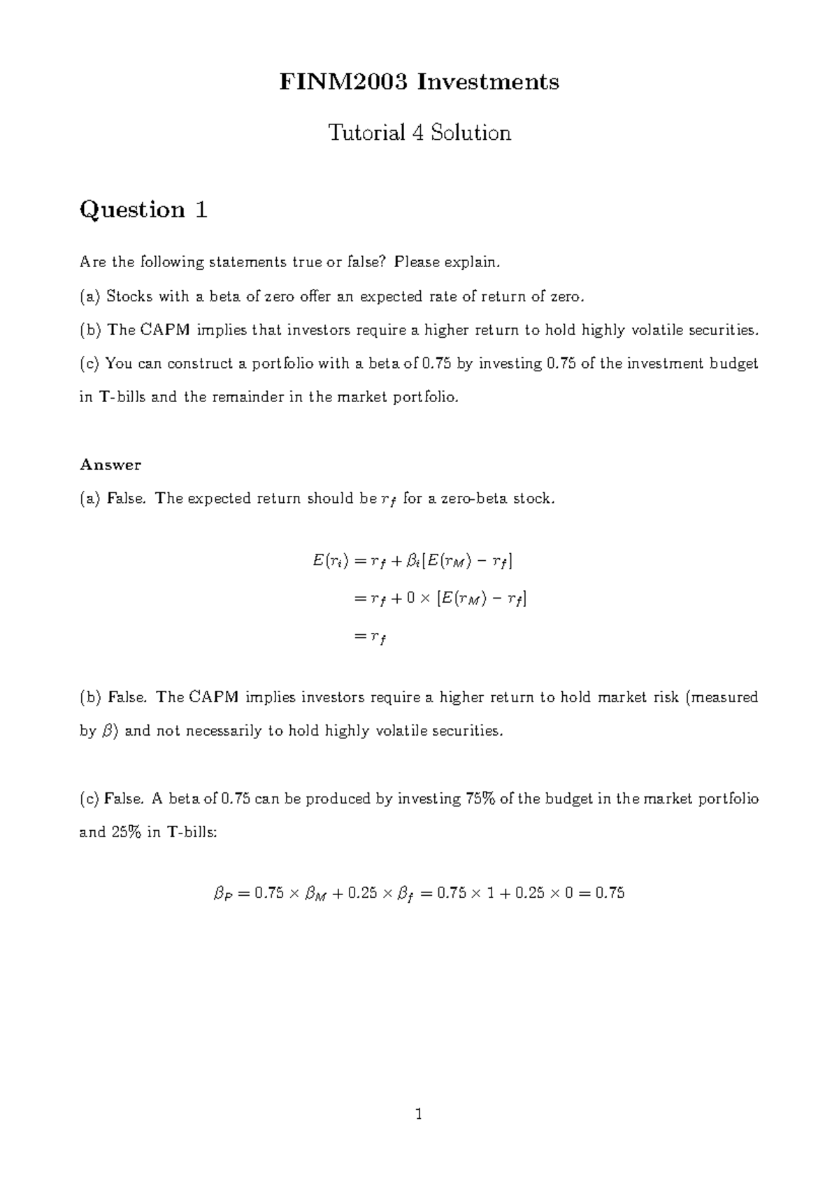 Tutorial 4 Solution Finm2003 Investments Tutorial 4 Solution Question 1 Are The Following