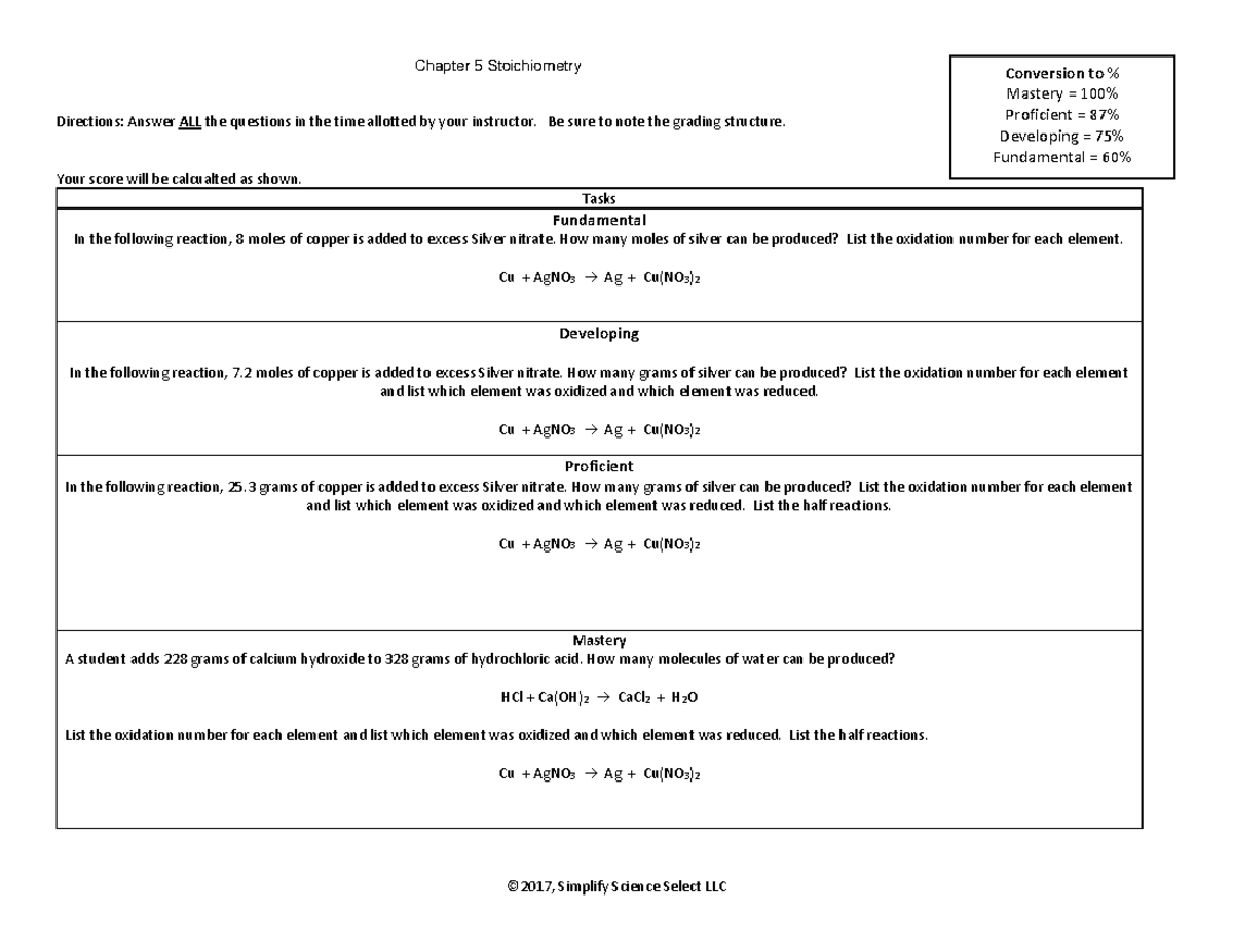 Stoich test review 2020 - ©2017, Simplify Science Select LLC Chapter 5 ...