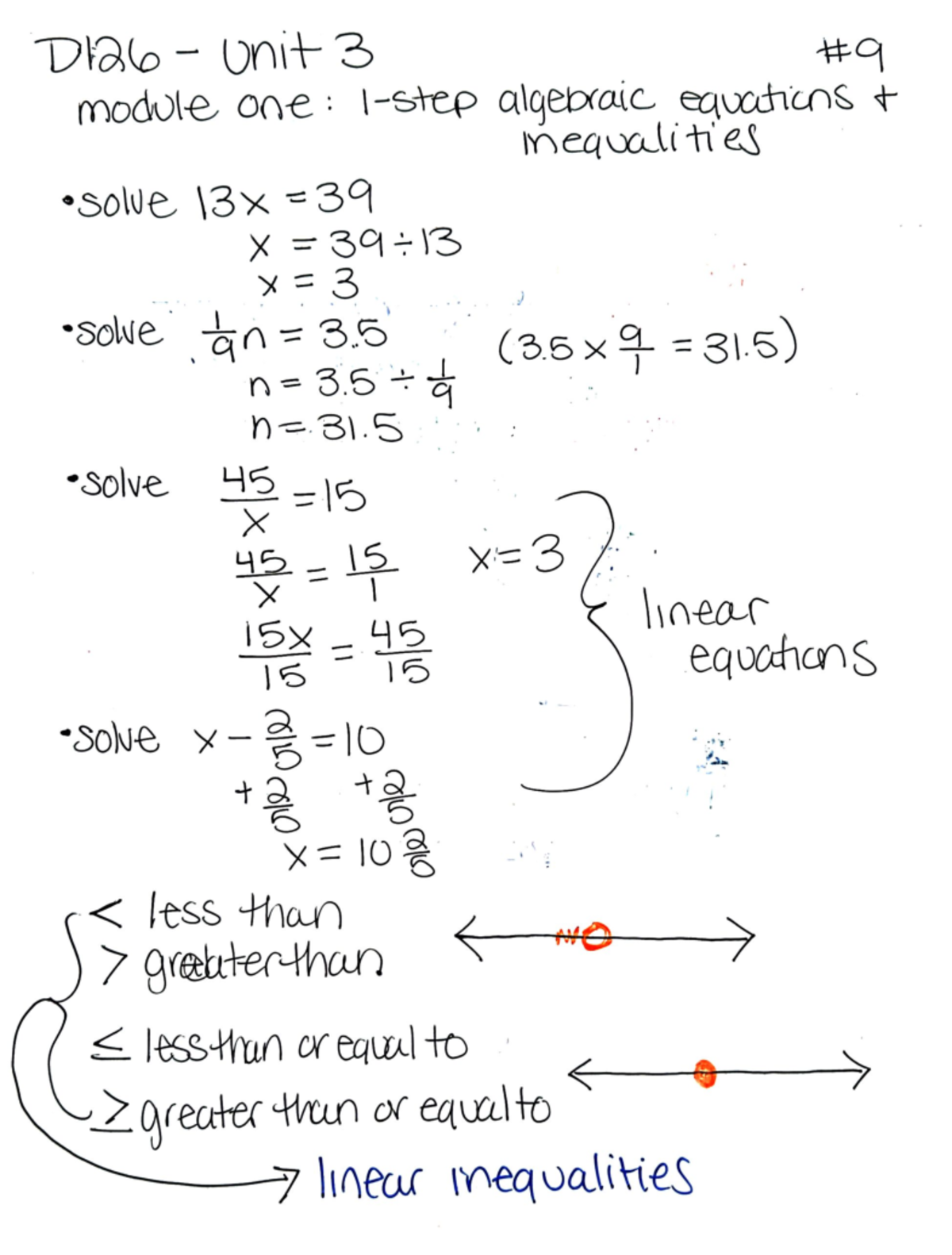 Unit 3 Notes [ D126 - MEE] - D126 - Unit 3 module one: 1-step algebraic ...