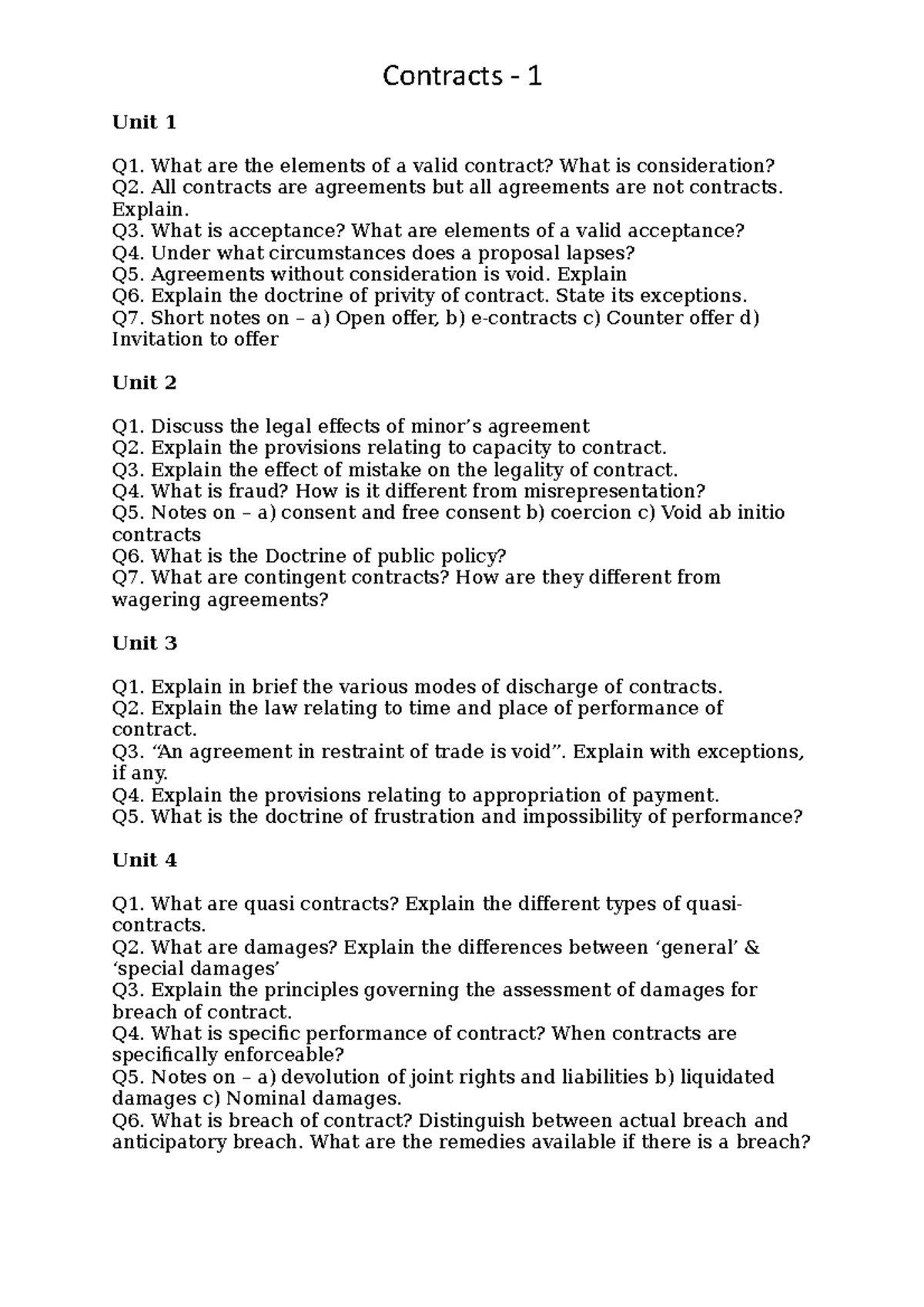 Contract 1 Question Bank - Contracts - 1 Unit 1 Q1. What are the ...