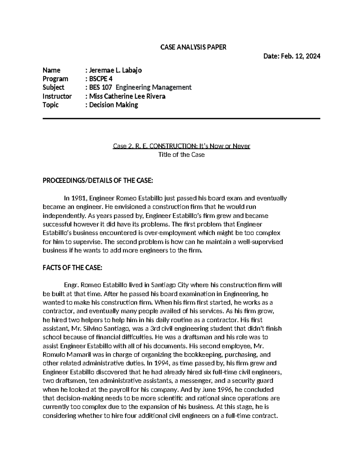 Case Analysis-Decision Making-Labajo - CASE ANALYSIS PAPER Date: Feb ...