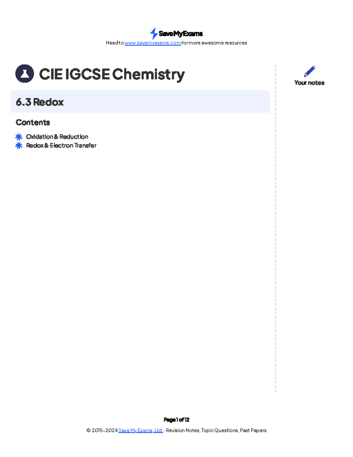 6 - afkok - Page 1 of 12 CIE IGCSE Chemistry 6 Redox Contents Oxidation ...