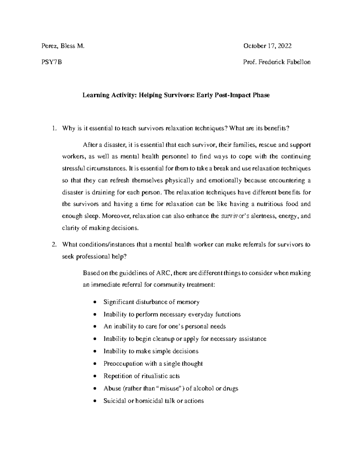 Learning Activity Helping Survivors Early Post-Impact Phase - Perez ...