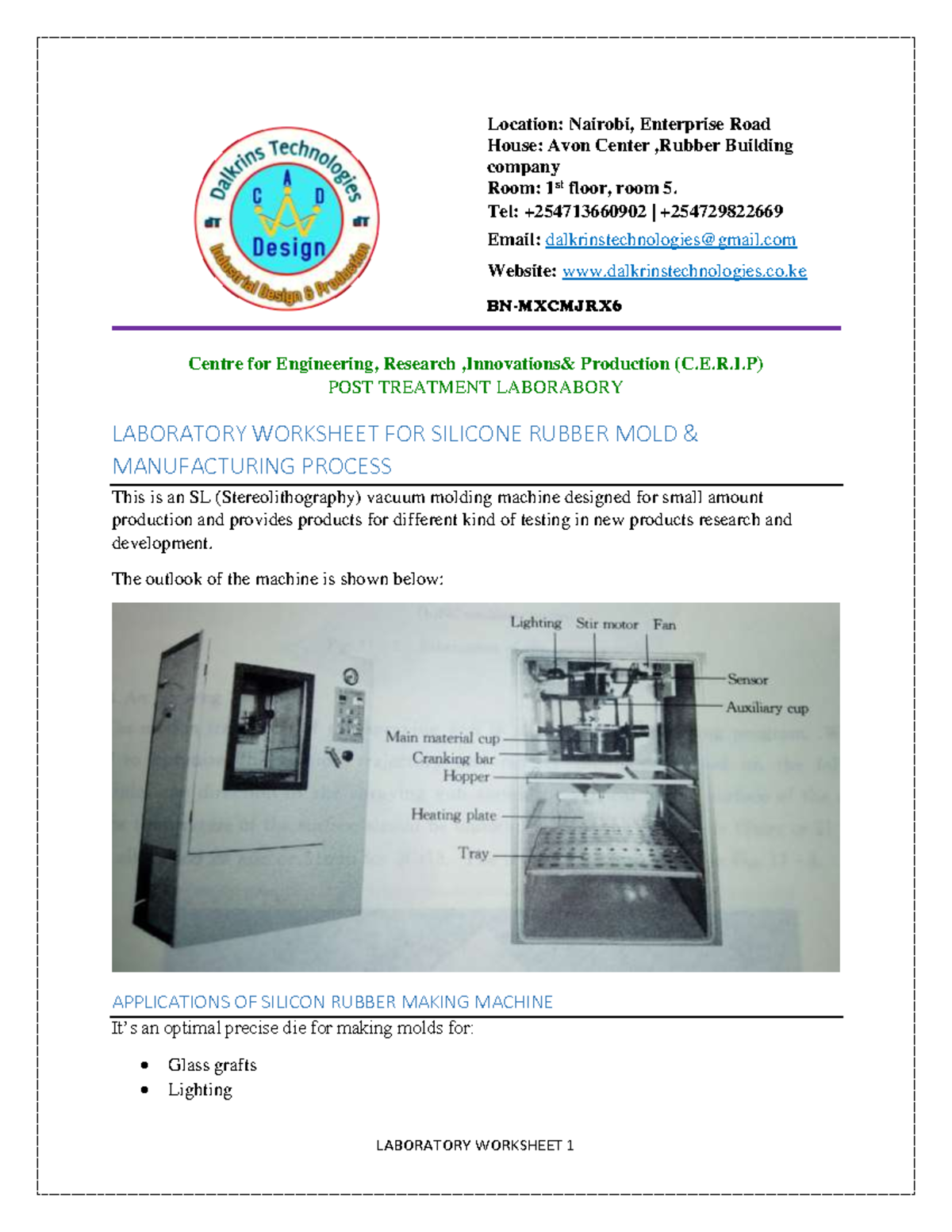Laboratory Worksheet FOR Silicone Rubber MOLD & Manufacturing Process ...