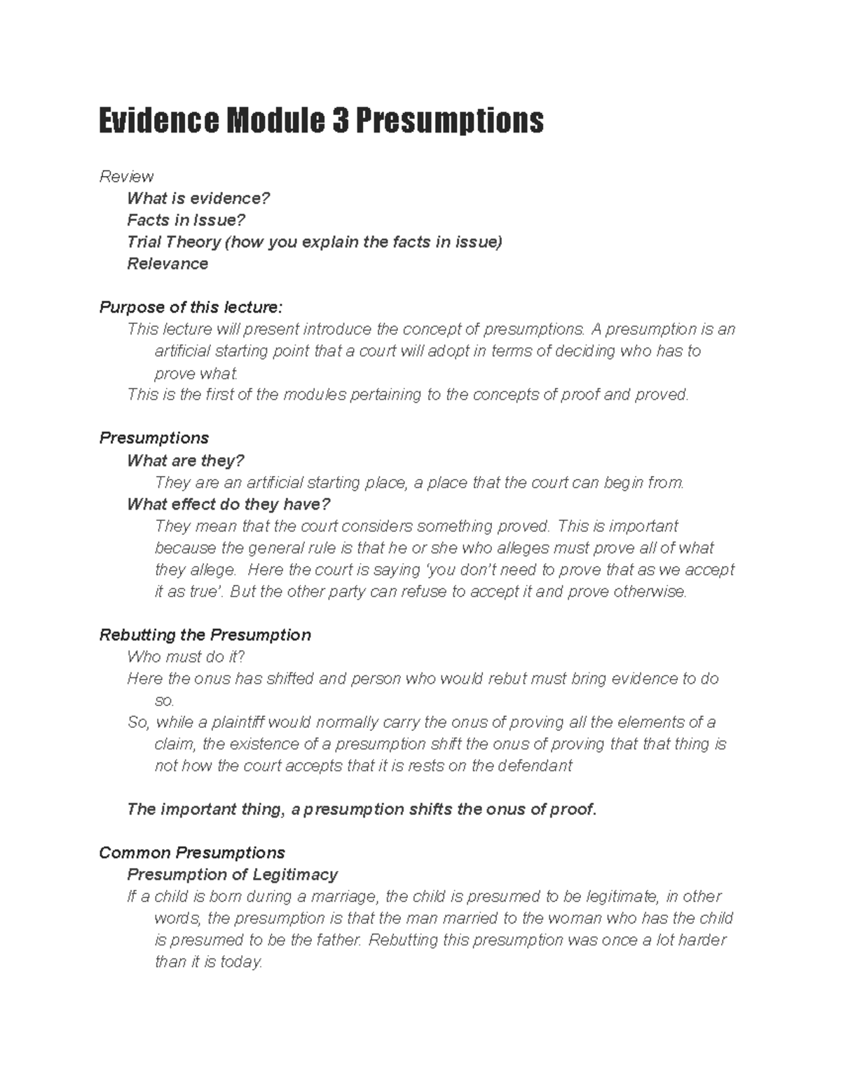 Presumptions - Lecture notes on Presumption - Evidence Module 3 ...