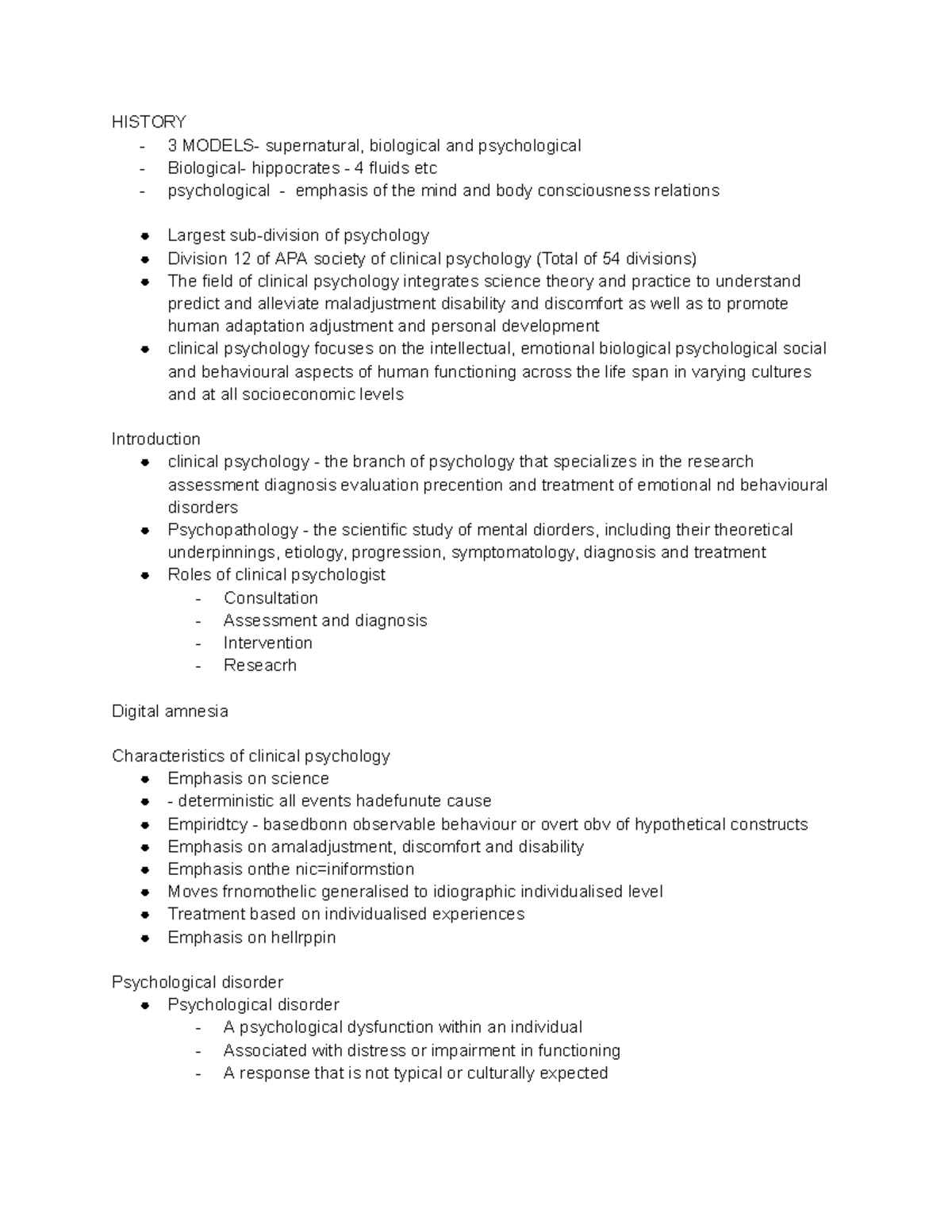 Clinical psychology running lecture notes - HISTORY 3 MODELS ...