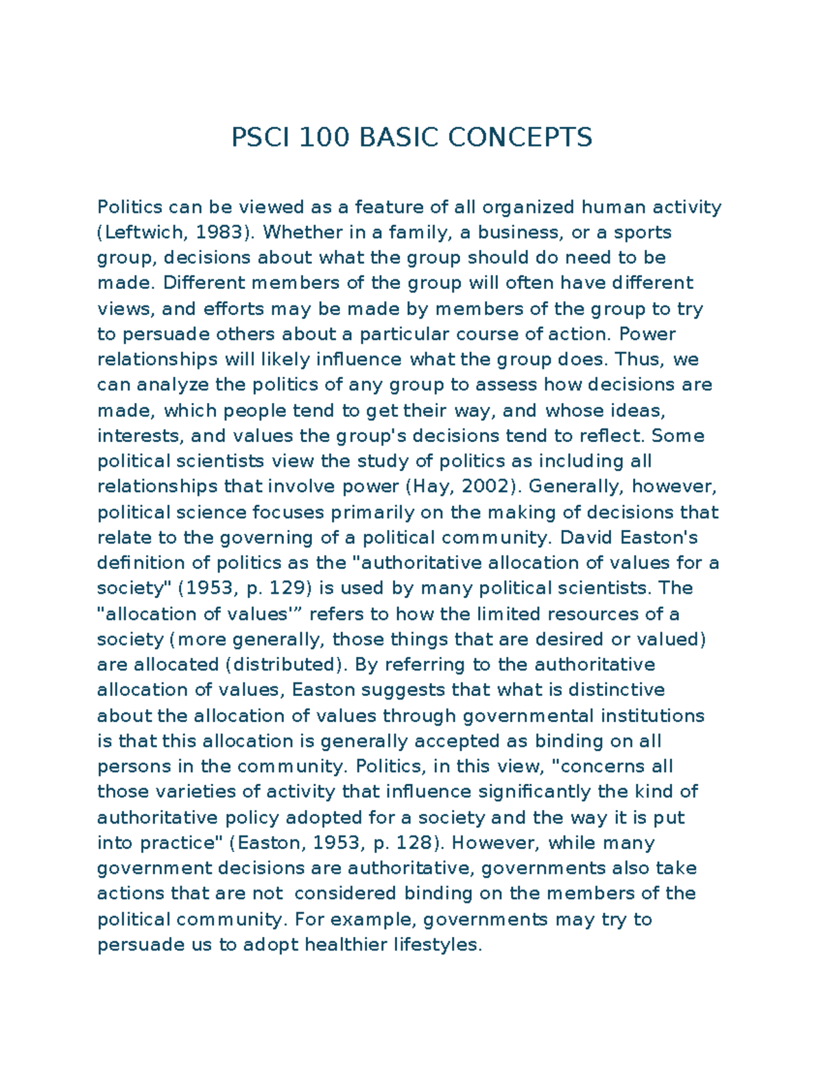 Psci 100 Basic Concepts Introduction Psci 100 Basic Concepts Politics Can Be Viewed As A