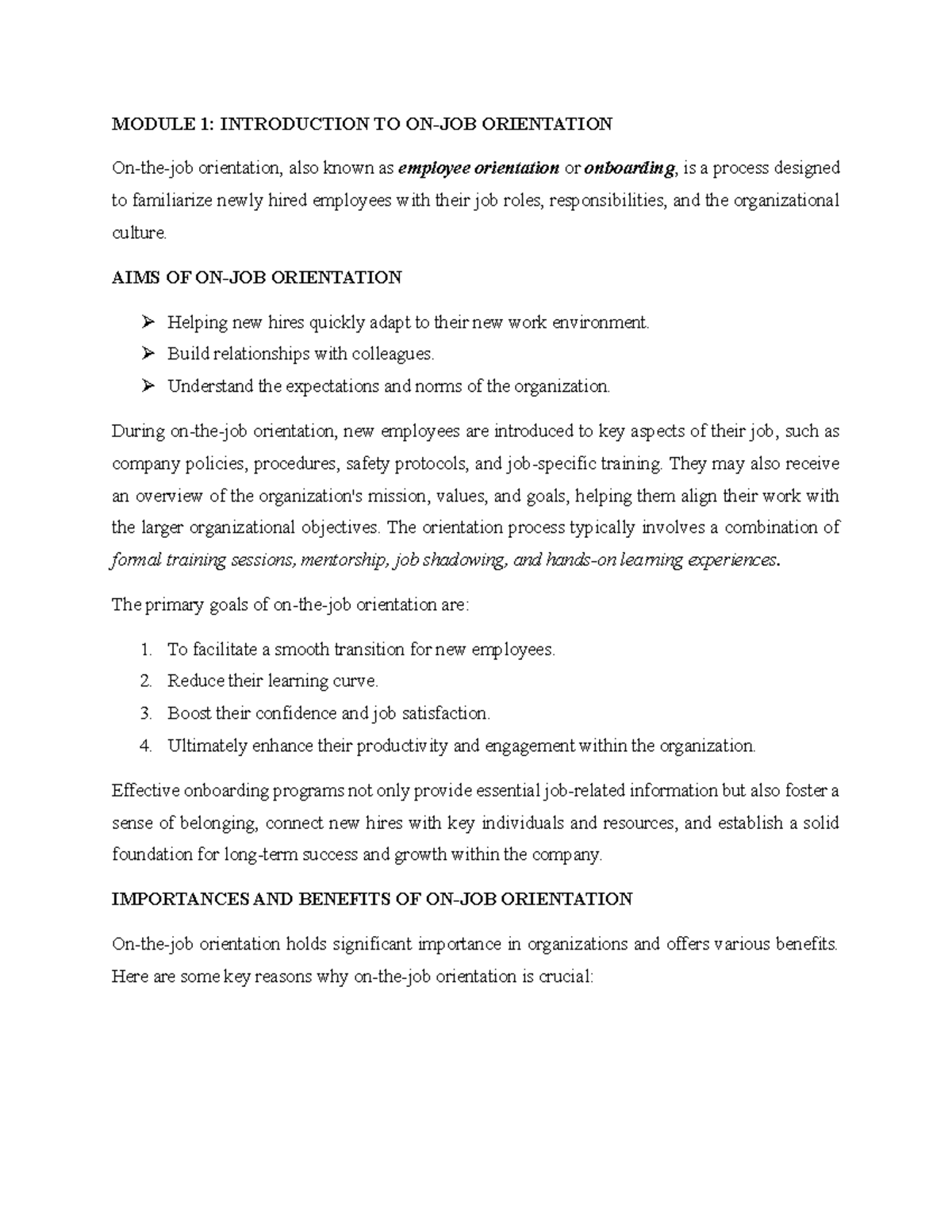 OJO-1 - MODULE 1: INTRODUCTION TO ON-JOB ORIENTATION On-the-job ...