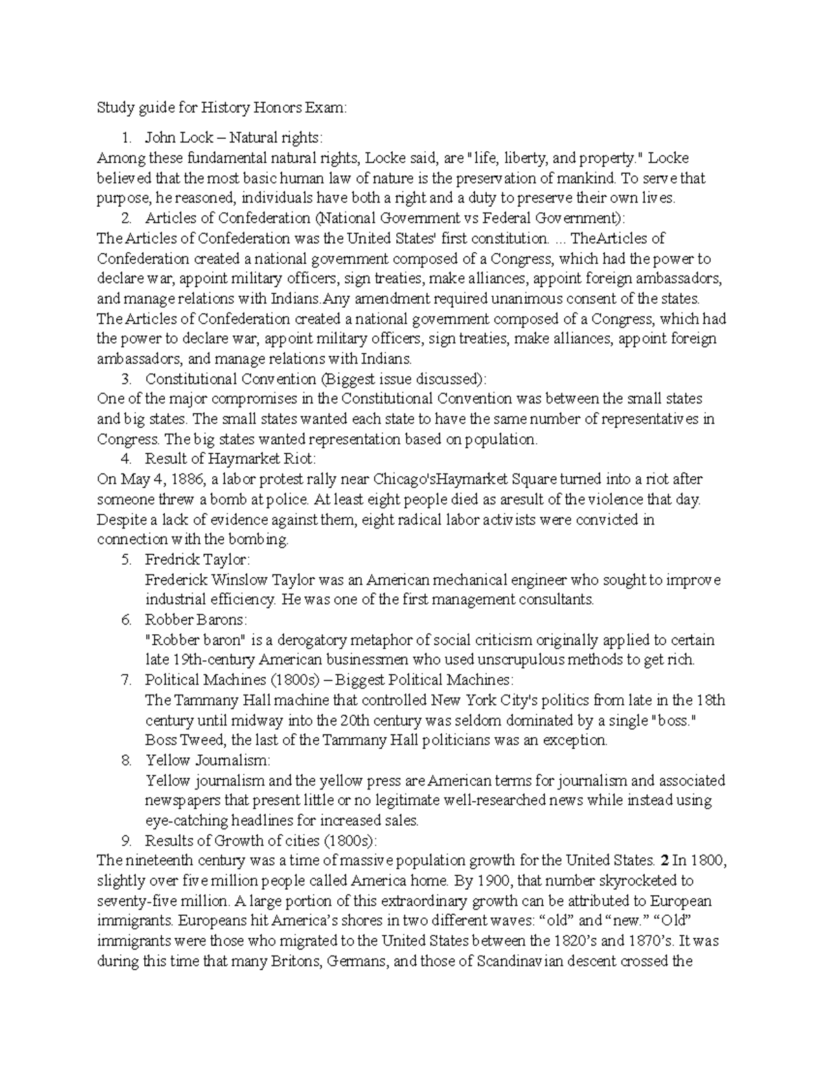 History review - Study guide for History Honors Exam: John Lock ...