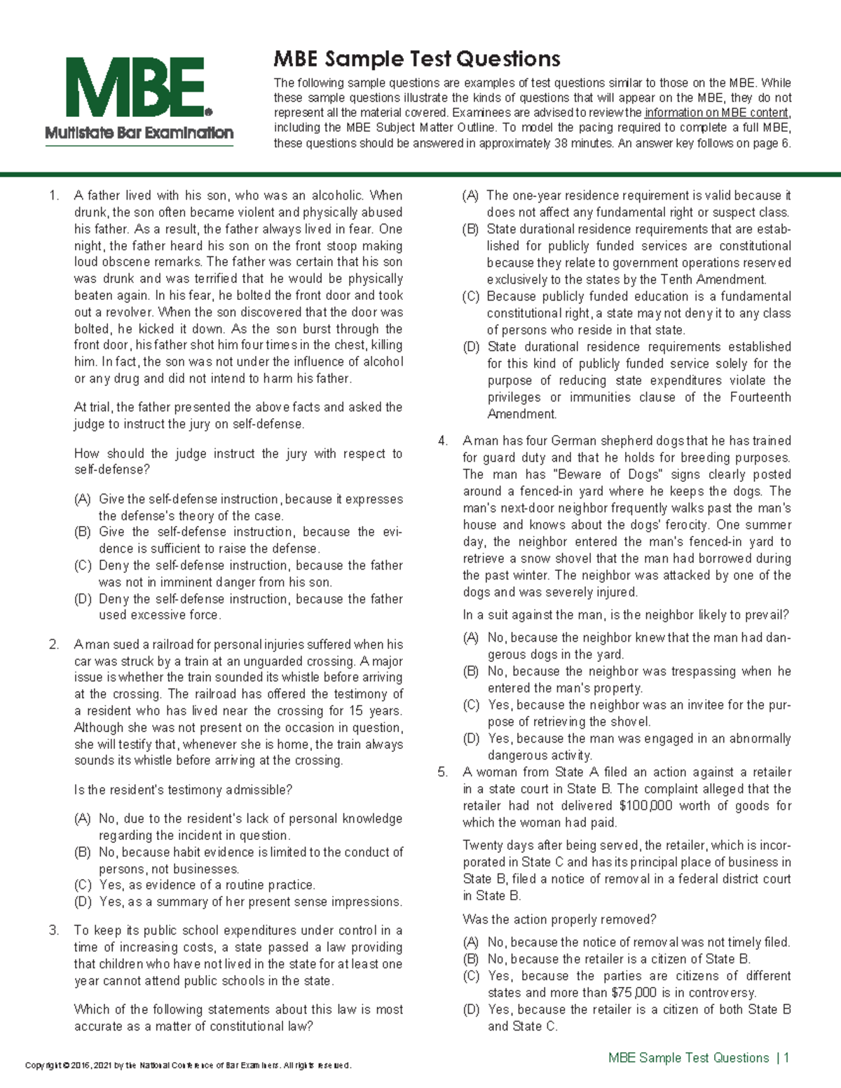 MBE Sample Test Questions - Multistate Bar Examination MBE. MBE Sample ...