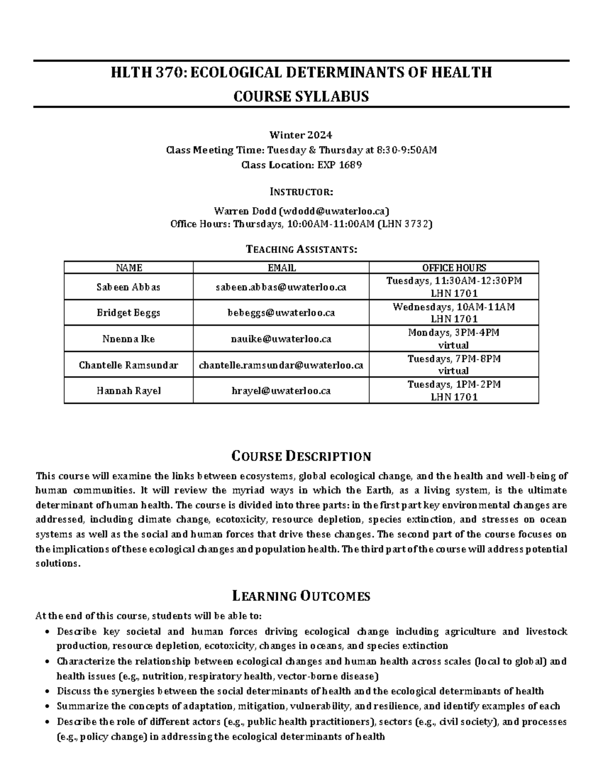 HLTH 370 W24 - Syllabus - HLTH 370 : ECOLOGICAL DETERMINANTS OF HEALTH ...